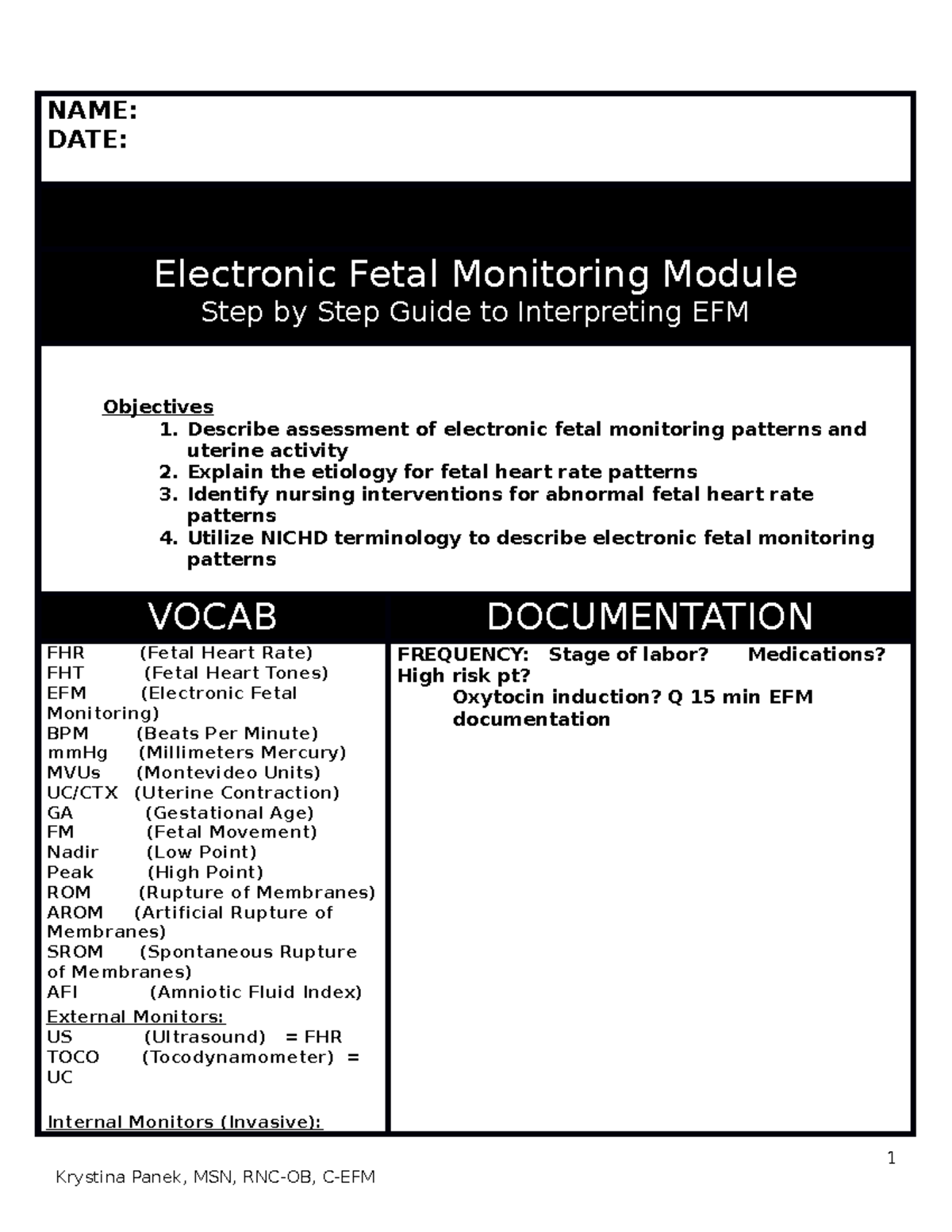 1. EFM Module Print Friendly for Clinical - NAME: DATE: Electronic ...