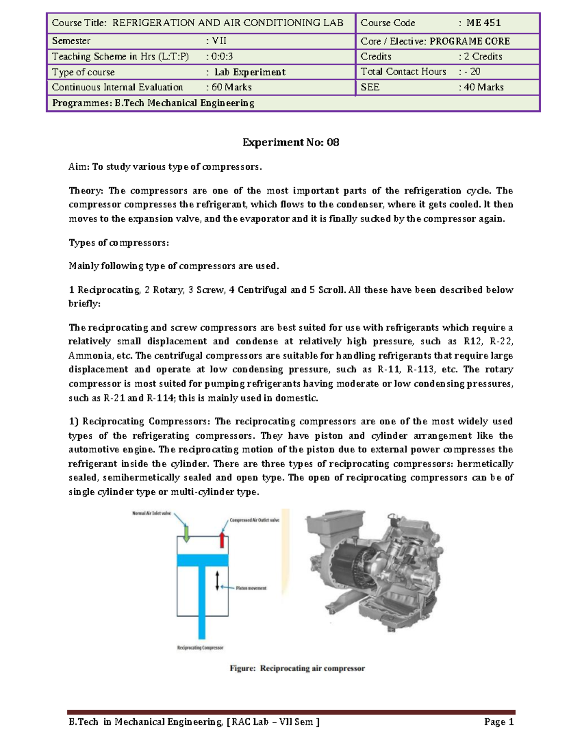 RAC Experiment 8 - B in Mechanical Engineering, [ RAC Lab – VII Sem ...
