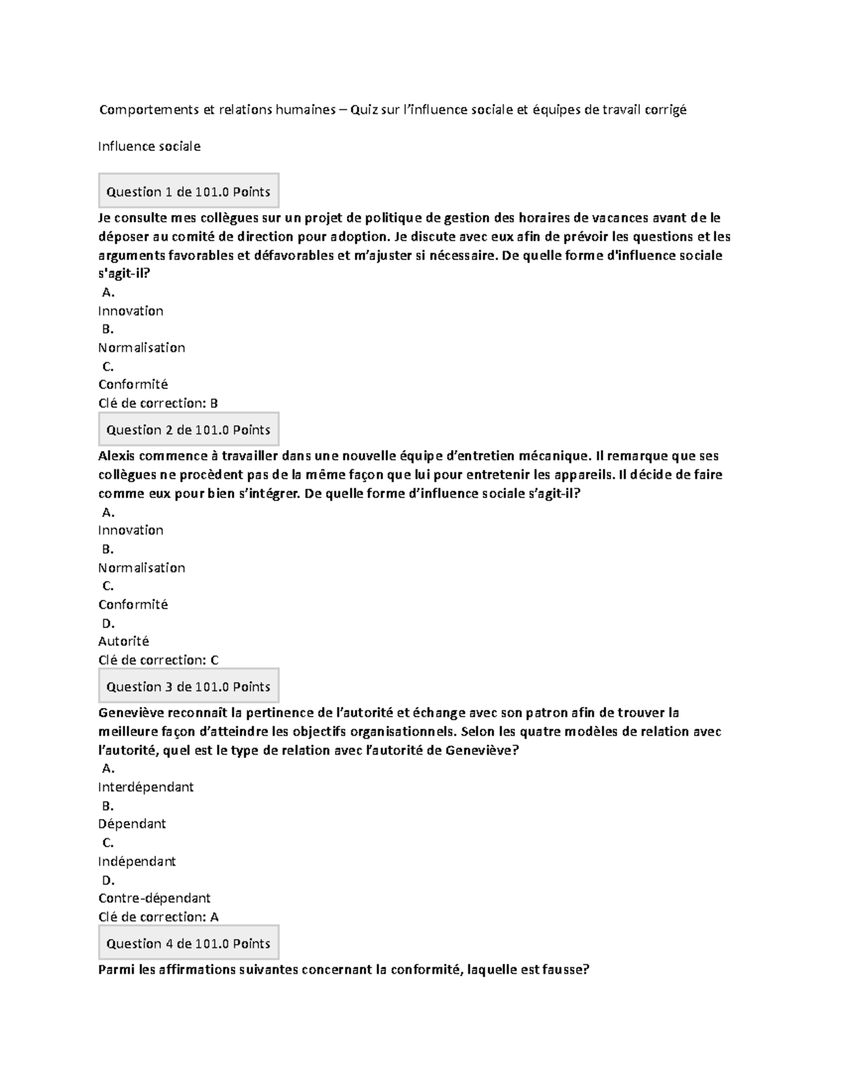 Comportements et relations humaines - Quiz corrigé Influence sociale et ...