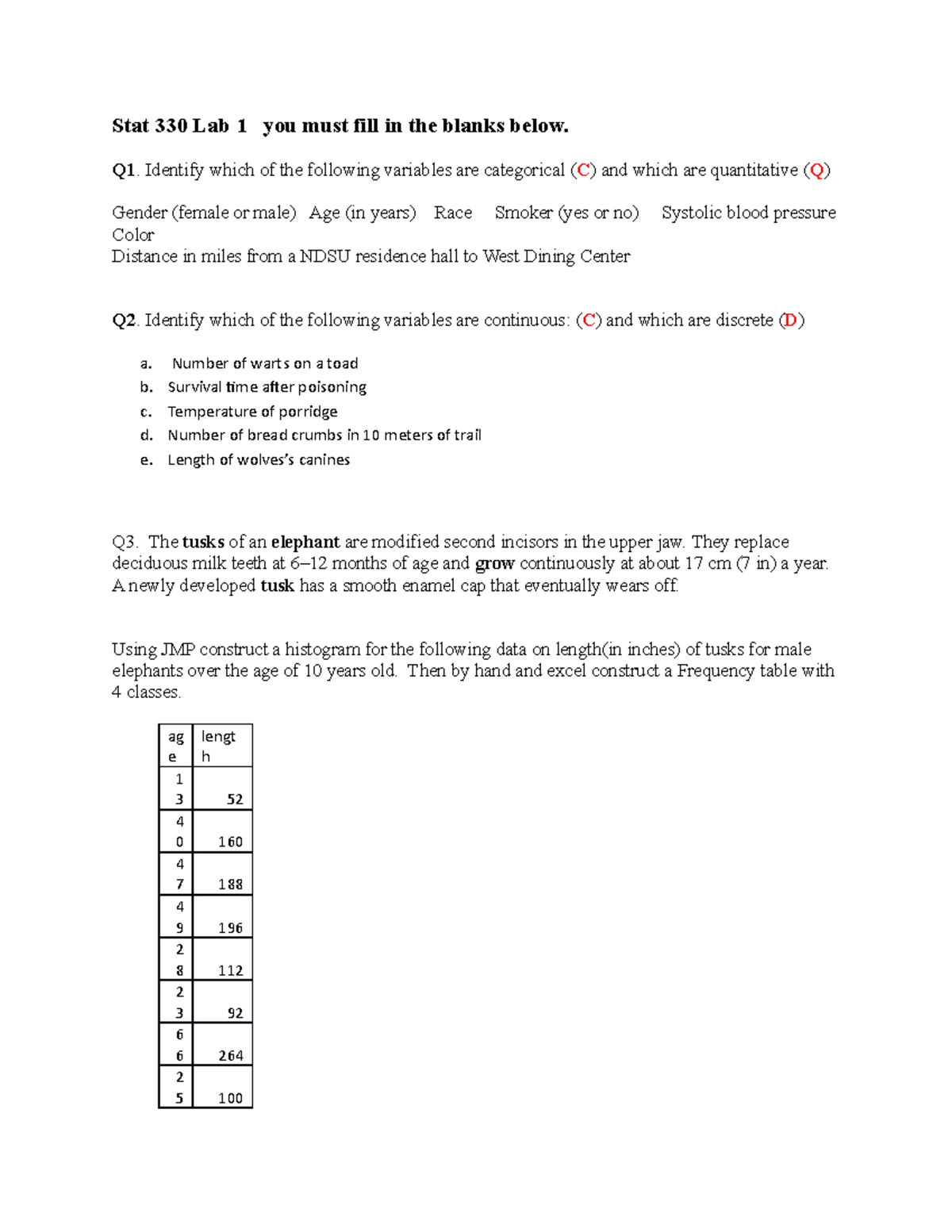 Lab sheet one - Lab work - Stat 330 Lab 1 you must fill in the blanks ...
