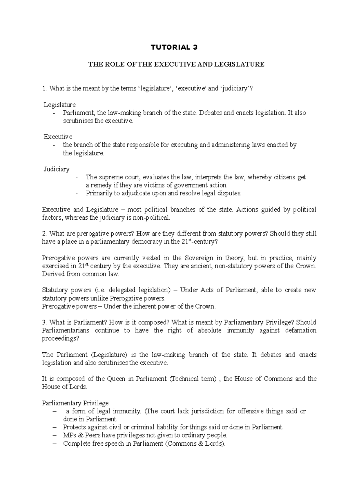 Tutorial 3 for Constitutional Law - TUTORIAL 3 THE ROLE OF THE ...