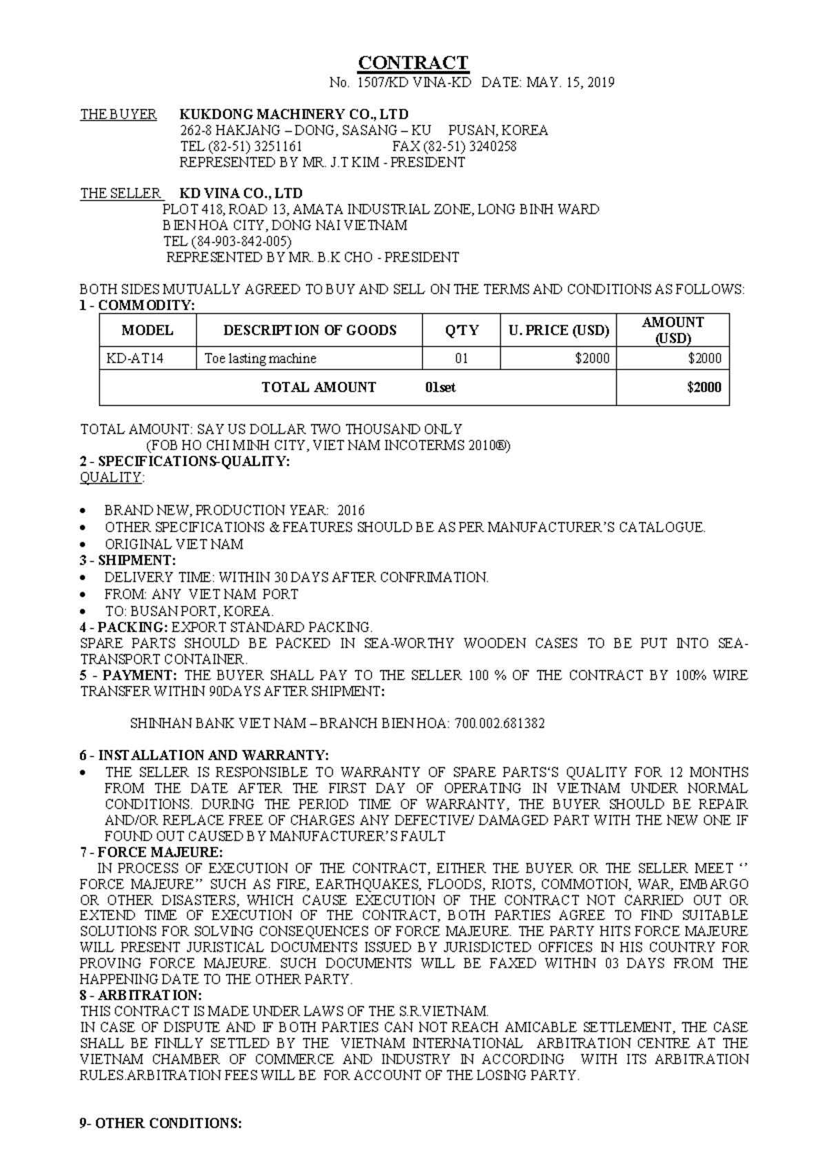 KD VINA- Contract- Korea - CONTRACT No. 1507/KD VINA-KD DATE: MAY. 15 ...