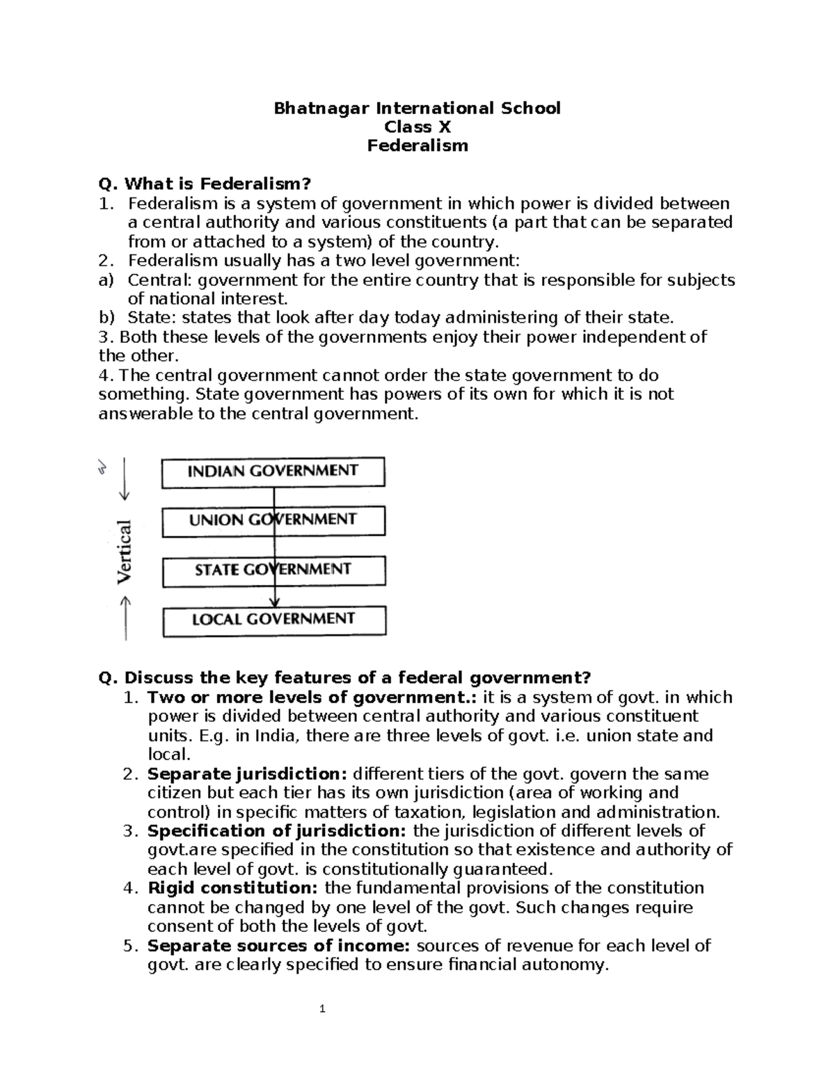 Federalism............. - Bhatnagar International School Class X ...