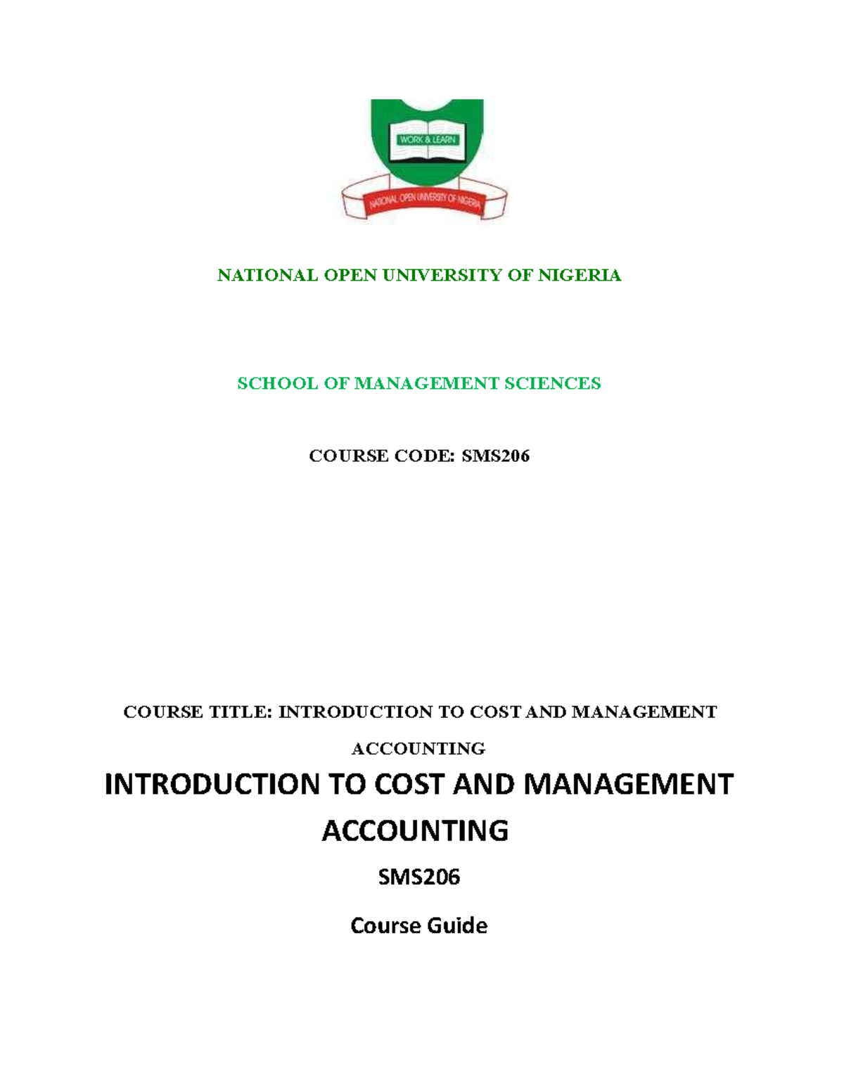 Cost and management accounting notes - NATIONAL OPEN UNIVERSITY OF ...