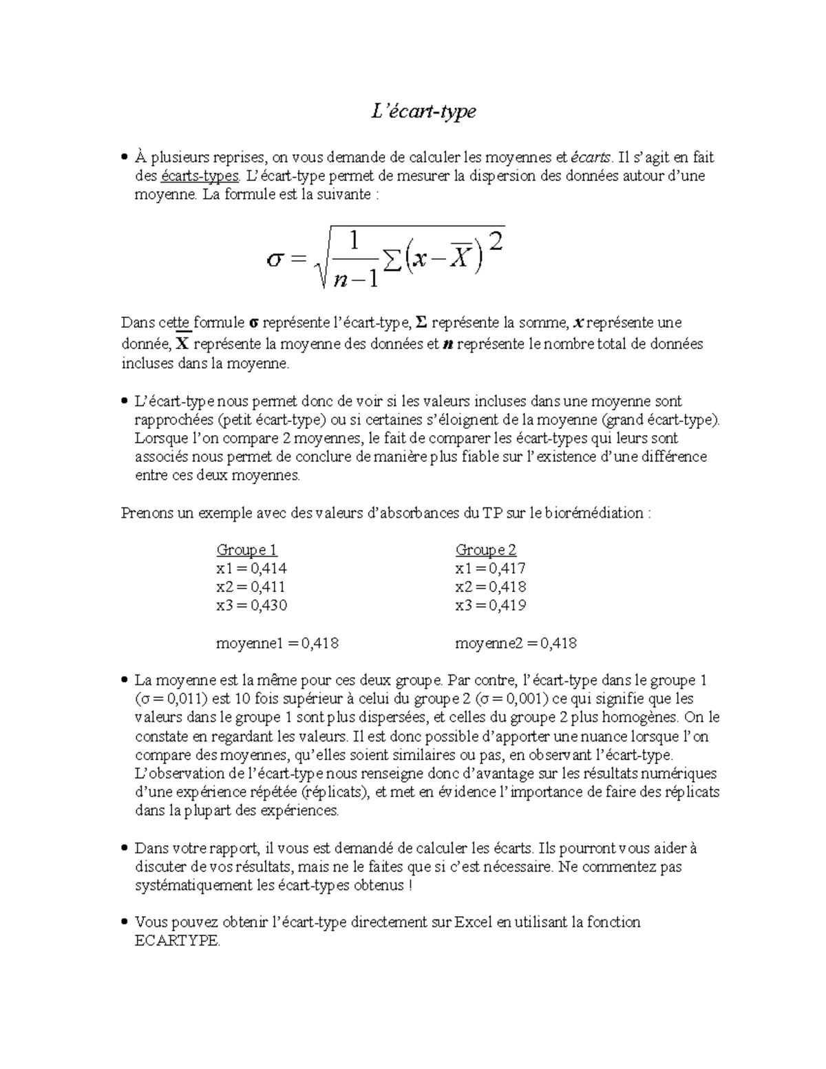 Comment calculer l'écart-type - BIO1001 - UdeM - Studocu