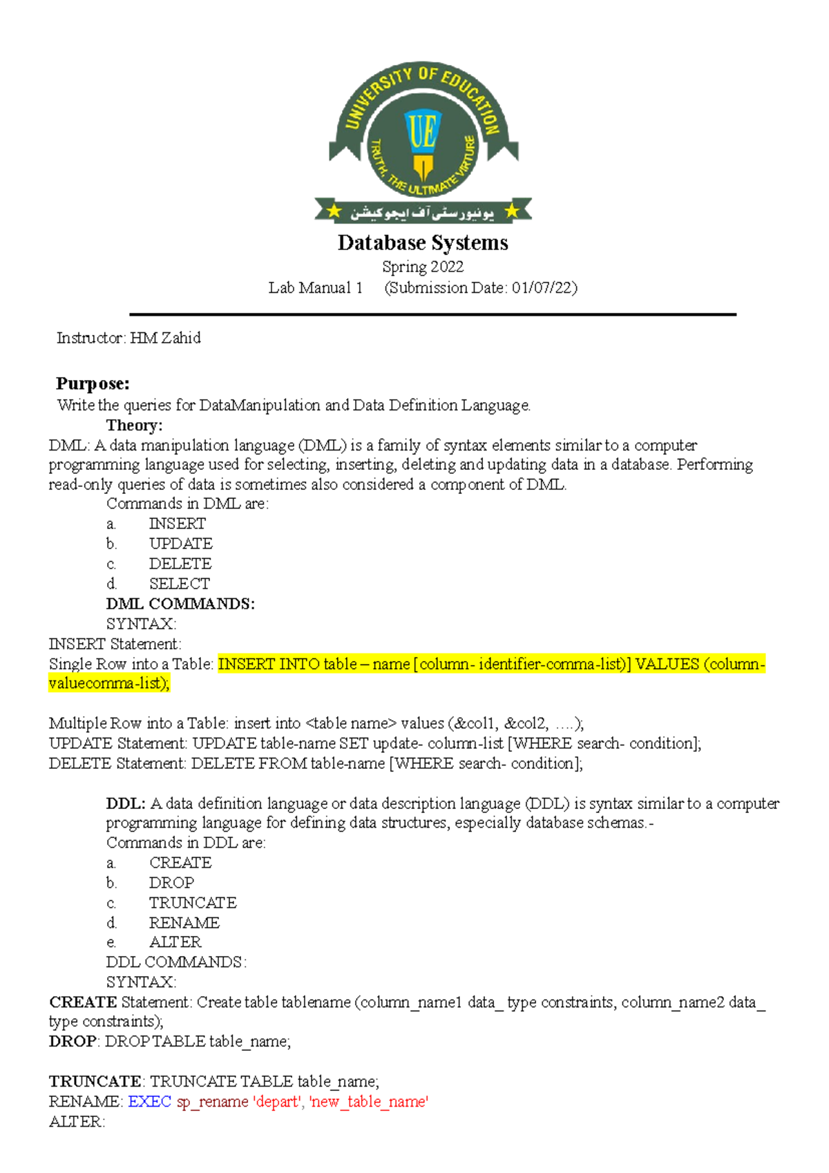 Lab Manual 1 Notes Database Systems Spring 2022 Lab Manual 1 Submission Date 010722 1066