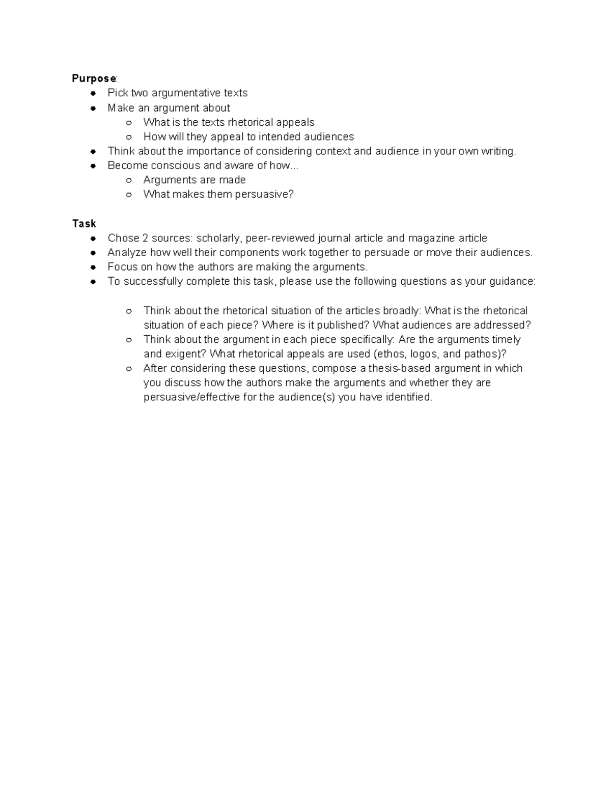 Prompt source analysis - Purpose: Pick two argumentative texts Make an ...