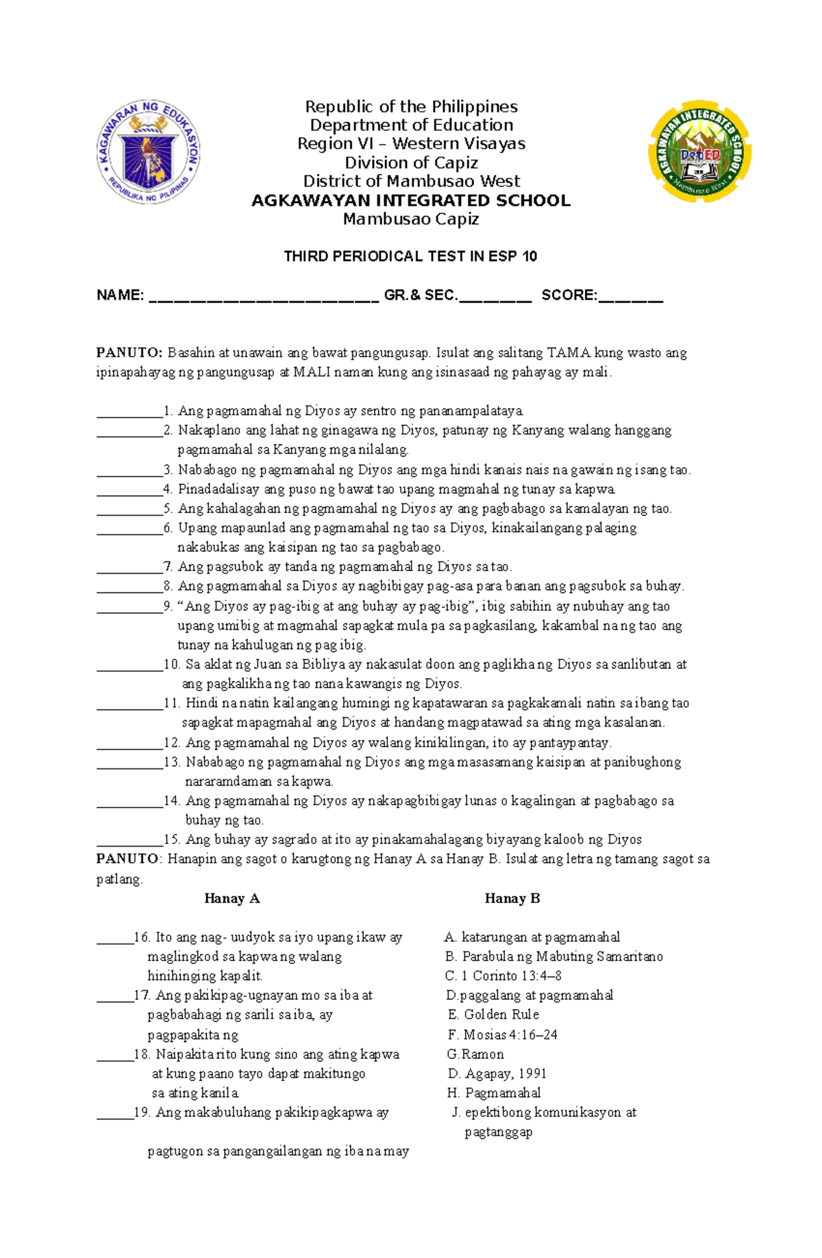 PT G10 ESP - Republic of the Philippines Department of Education Region ...