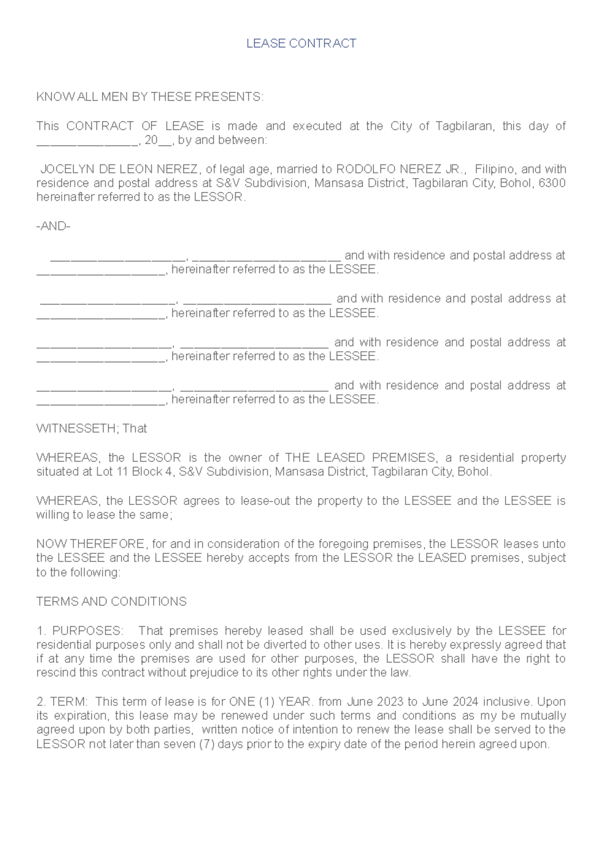 Lease Contract - LEASE CONTRACT KNOW ALL MEN BY THESE PRESENTS: This ...