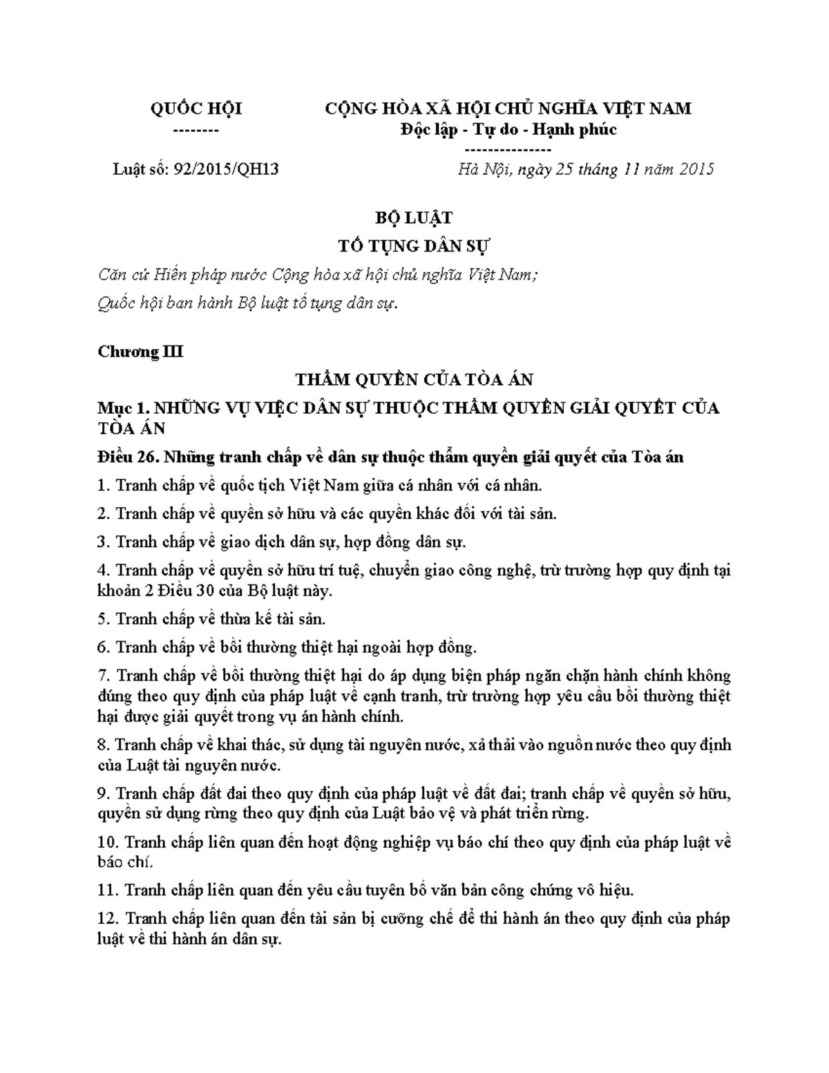 Bộ luật Tố tụng dân sự 2015 (phần thẩm quyền Tòa án) - QUỐC HỘI - CỘNG ...