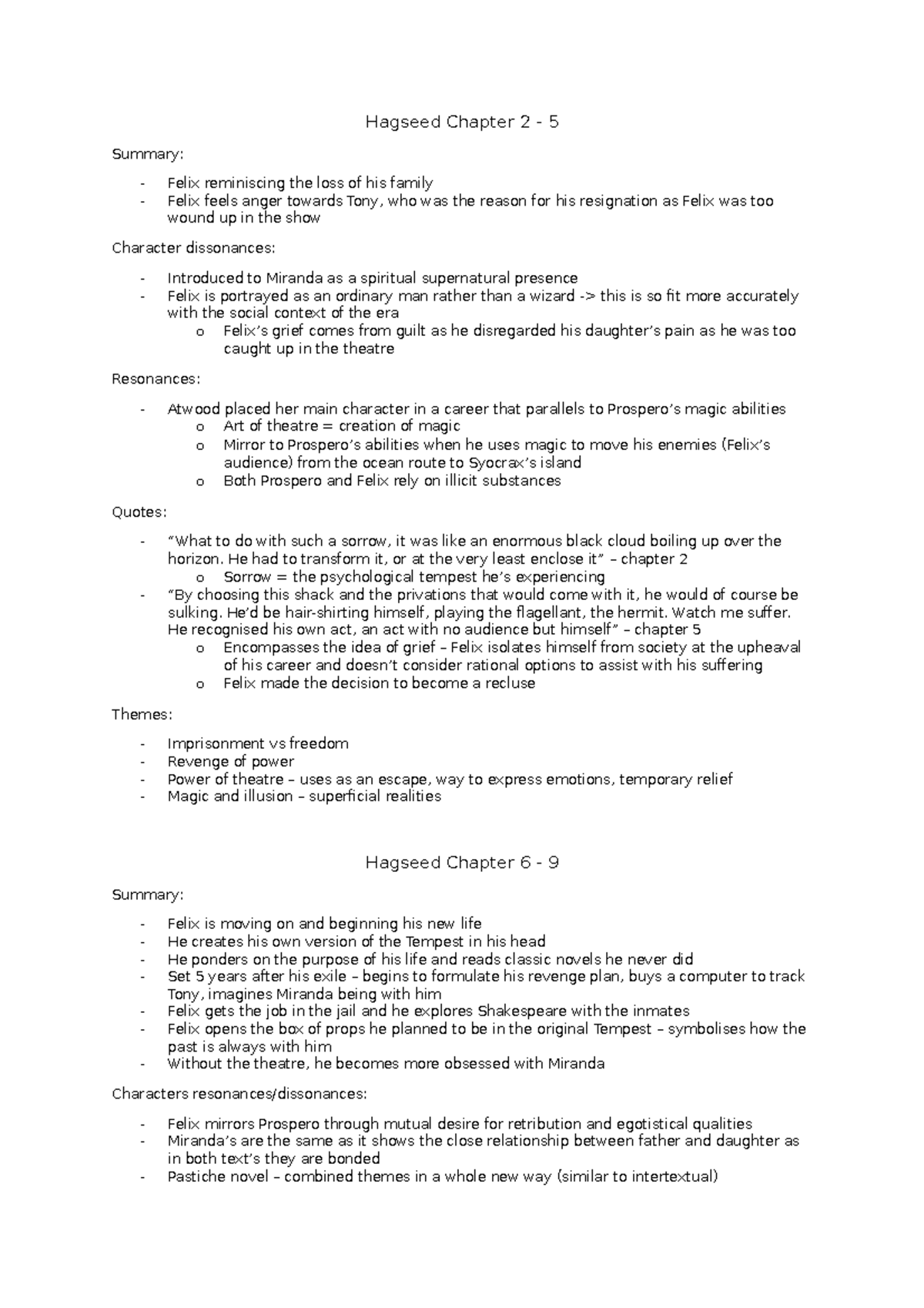 Hagseed Chapter 2-5 - summaries - Hagseed Chapter 2 - 5 Summary: Felix ...