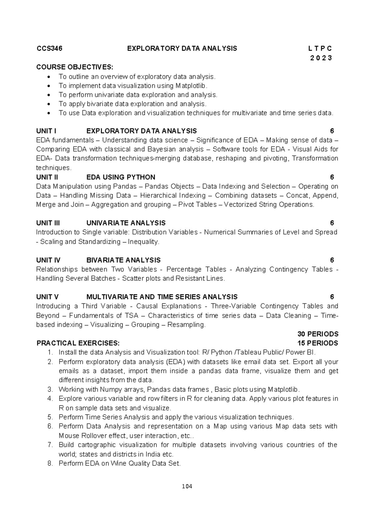 Eda Syll Syllabus 104 Ccs346 Exploratory Data Analysis L T P C 2 0
