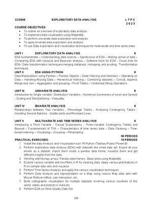 CCS346-EDA - SYLLABUS - VERTICALS CCS346 EXPLORATORY DATA ANALYSIS L T P 2 0 2 3 COURSE ...