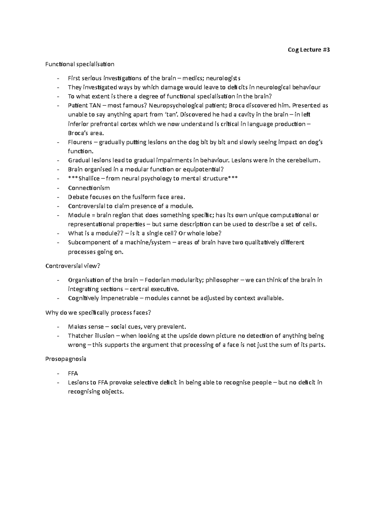 Cog Lecture 3 Notes Cog Lecture 3 Functional Specialisation First Serious Investigations