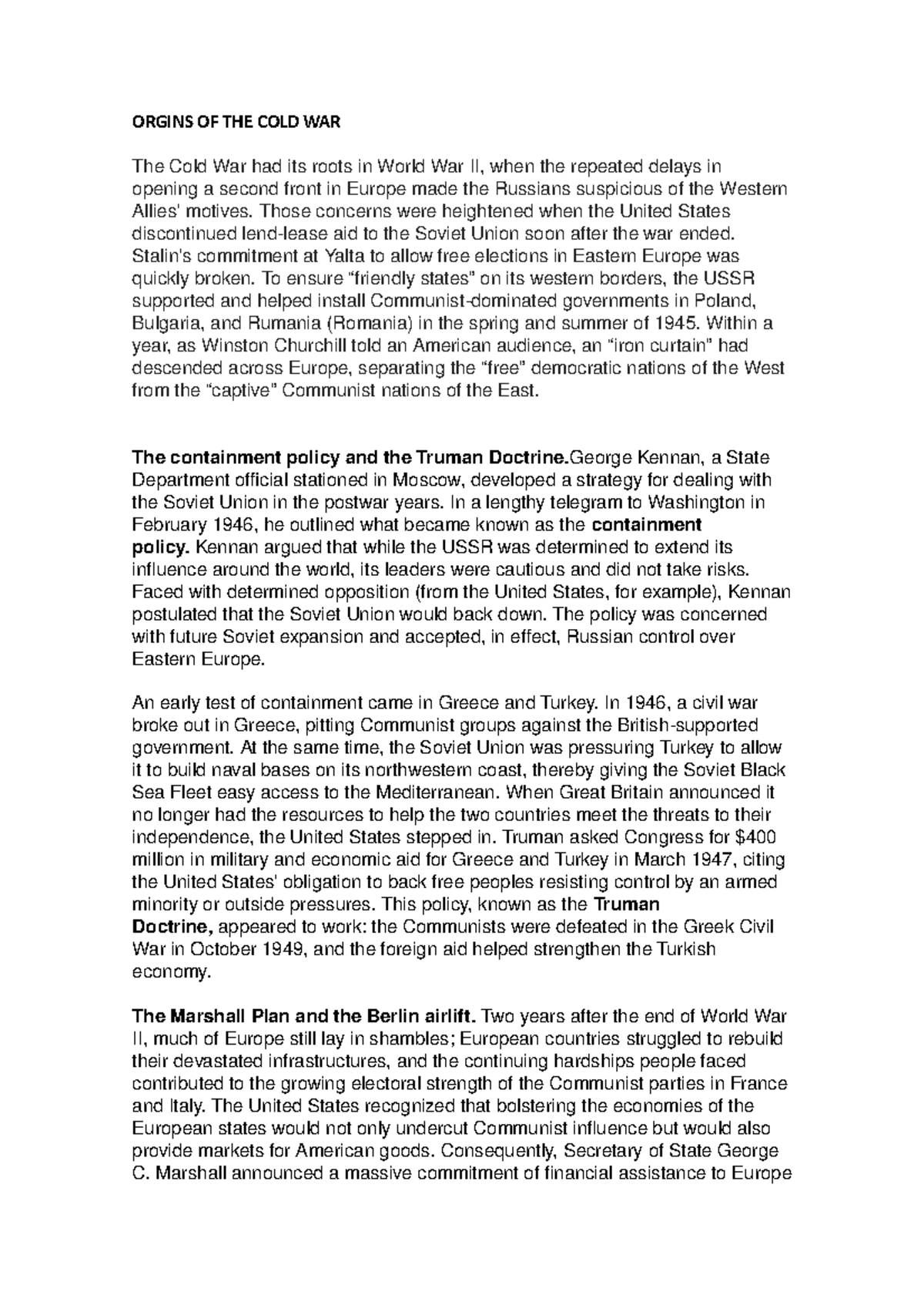 History part 2 - Session 1 - ORGINS OF THE COLD WAR The Cold War had ...