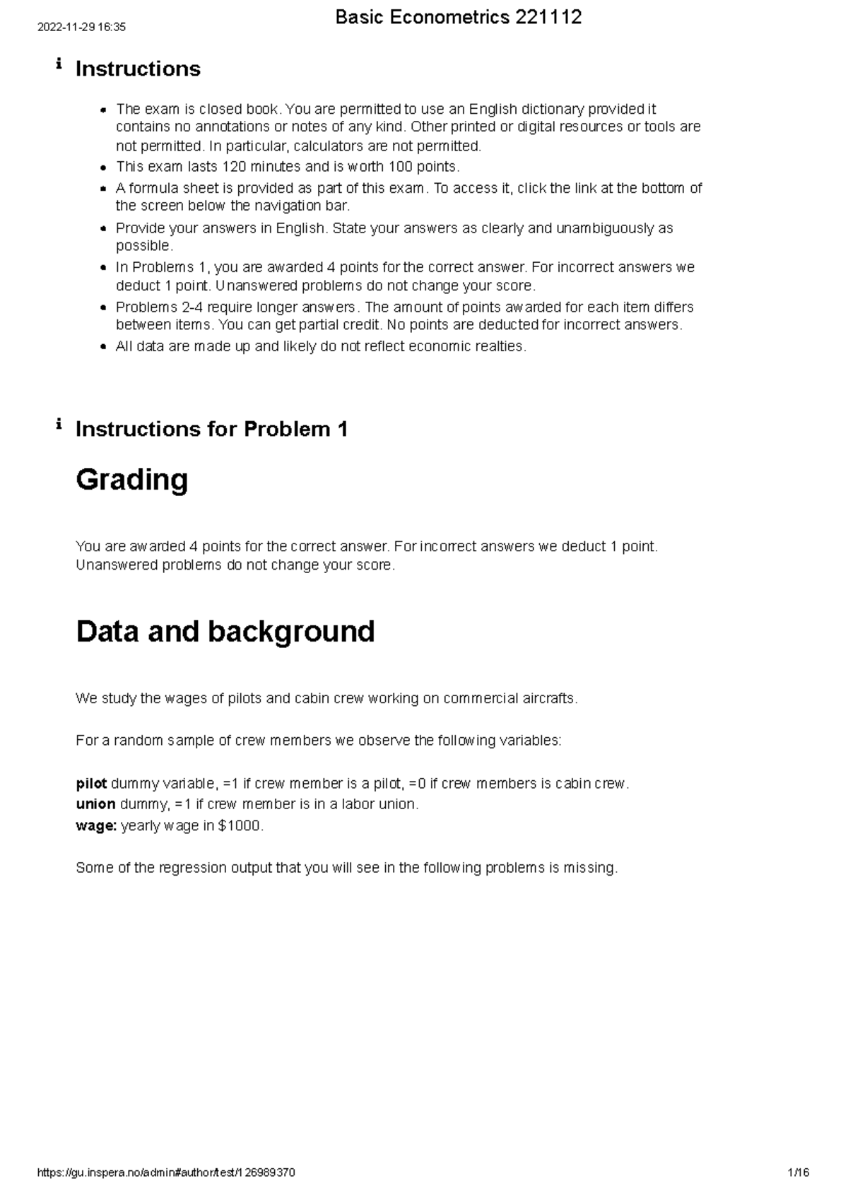 Basic Econometrics Tentafrågor NEK301 221112 - 2022-11-29 16:35 Basic ...