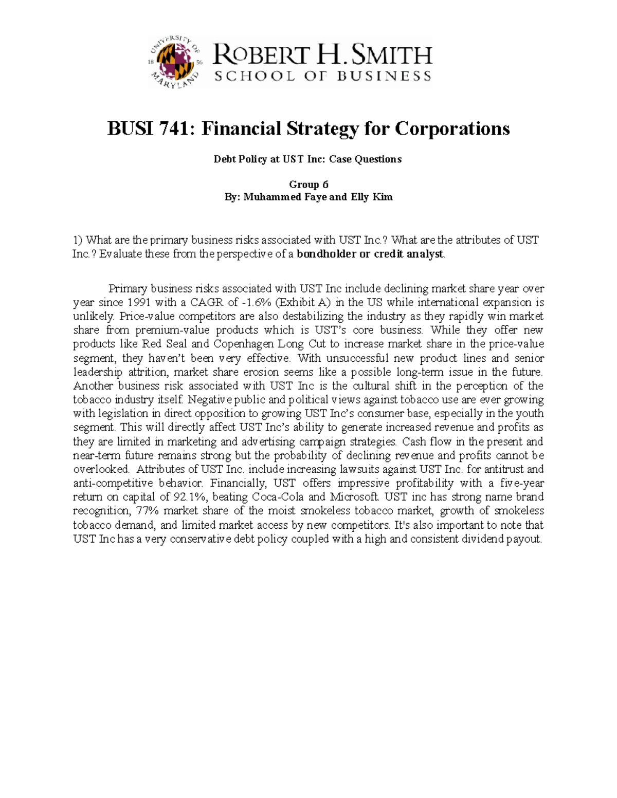 UST Case study Report - MGMT 360 - UMBC - Studocu