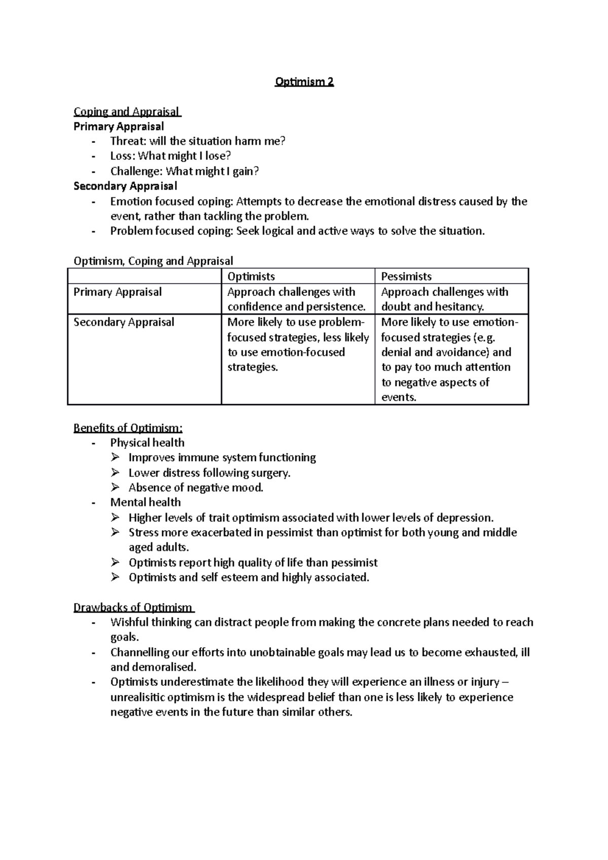 Optimism 2 - Optimism 2 Coping and Appraisal Primary Appraisal - Threat ...