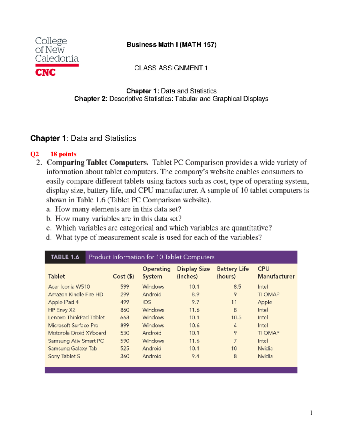 Solutions MATH 157 Assignment 1 (Chapters 1 and 2) - Business Math I ...