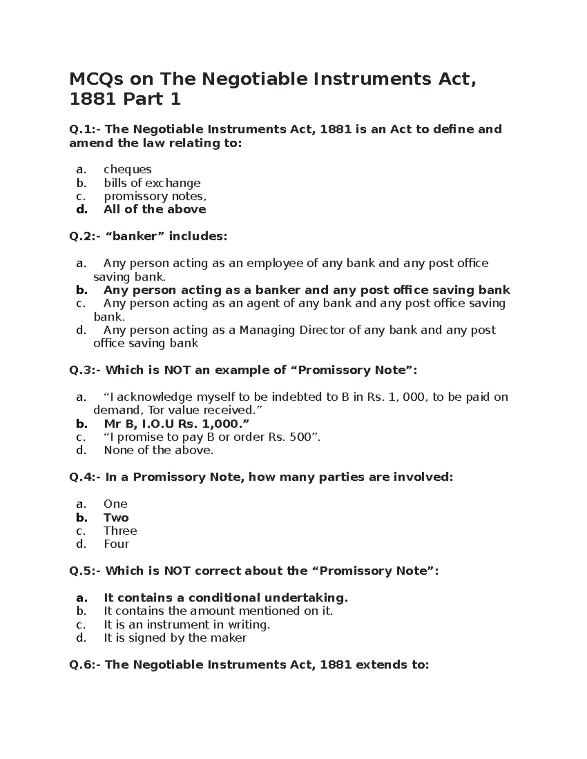 NI ACT MCQ - Negotiable Instrument Act related mcqs with answers - MCQs on The Negotiable - Studocu
