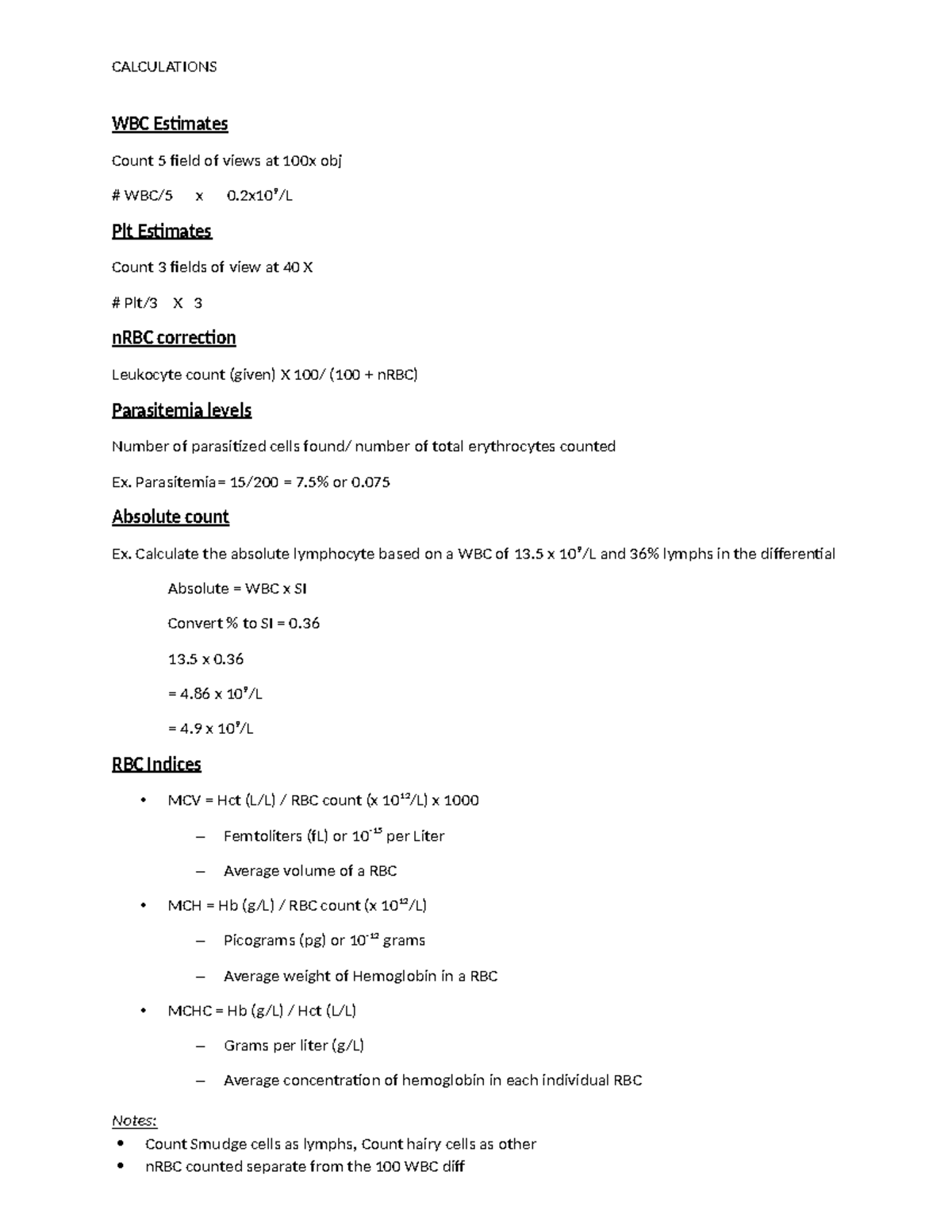 WBC Estimates copy - Summary Clinical Hematology I - CALCULATIONS WBC ...