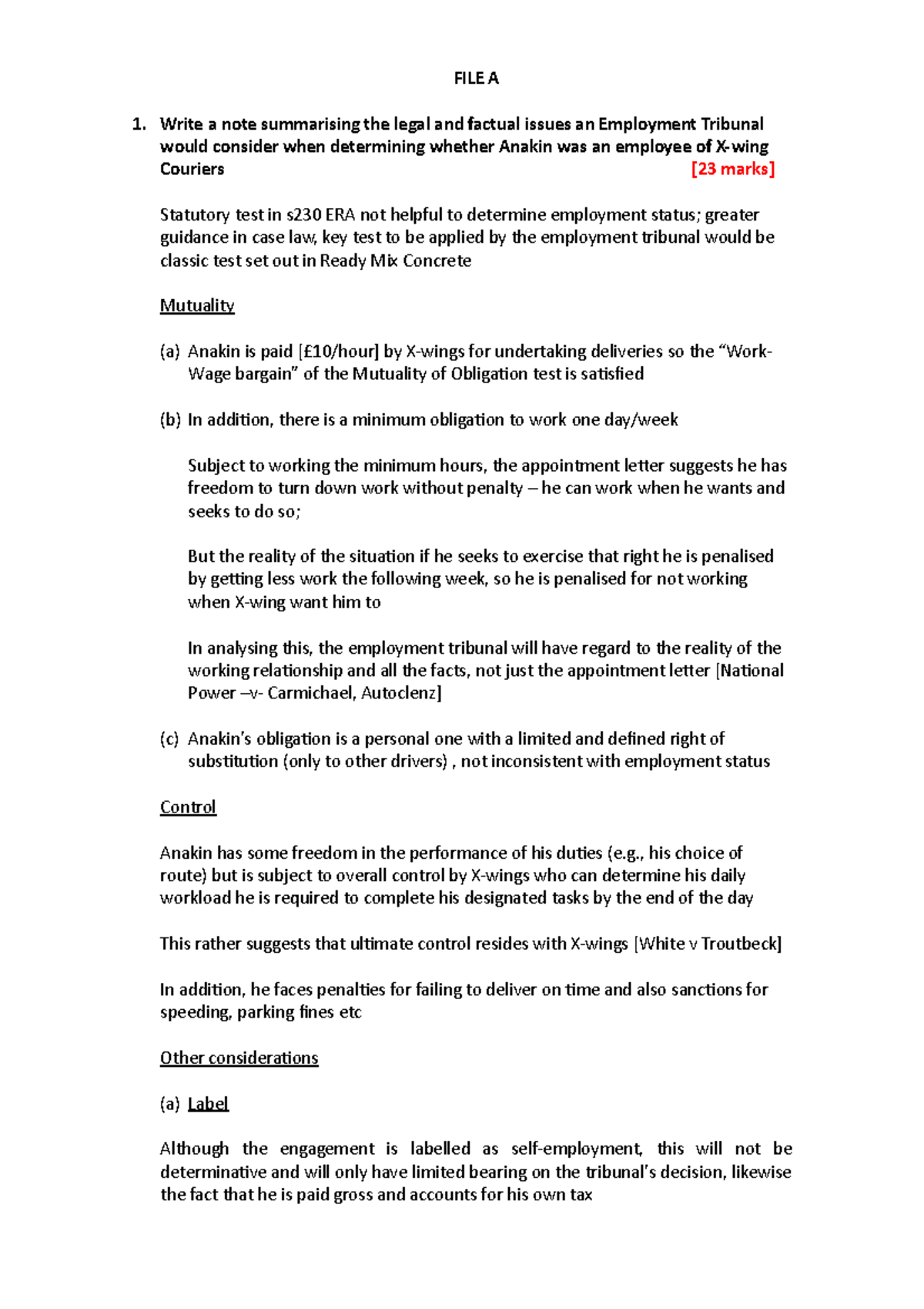 Employment Unit 7 (Feedback) 2021-22 - FILE A Write a note summarising ...