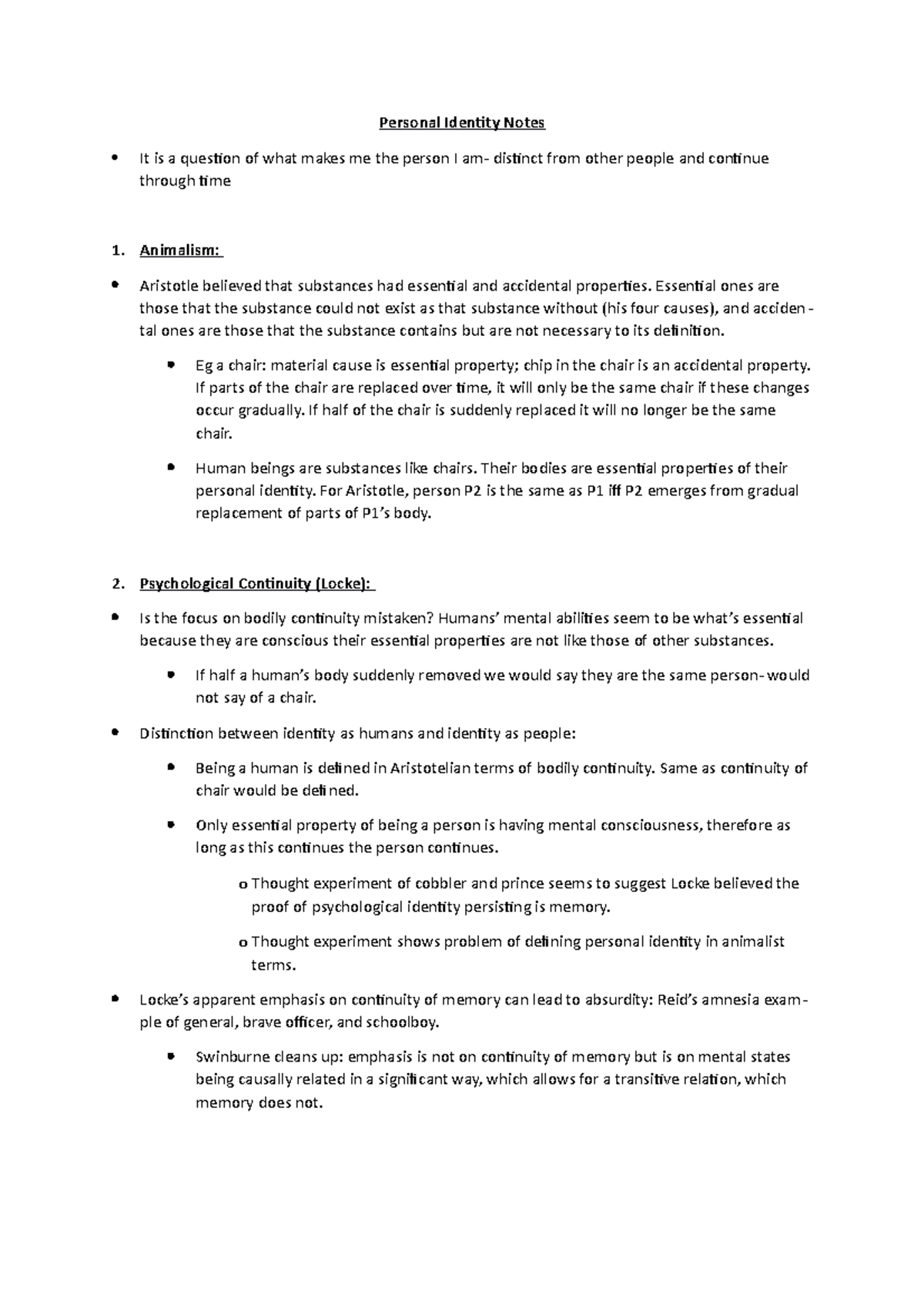 Personal Identity Notes - Personal Identity Notes · It is a question of ...