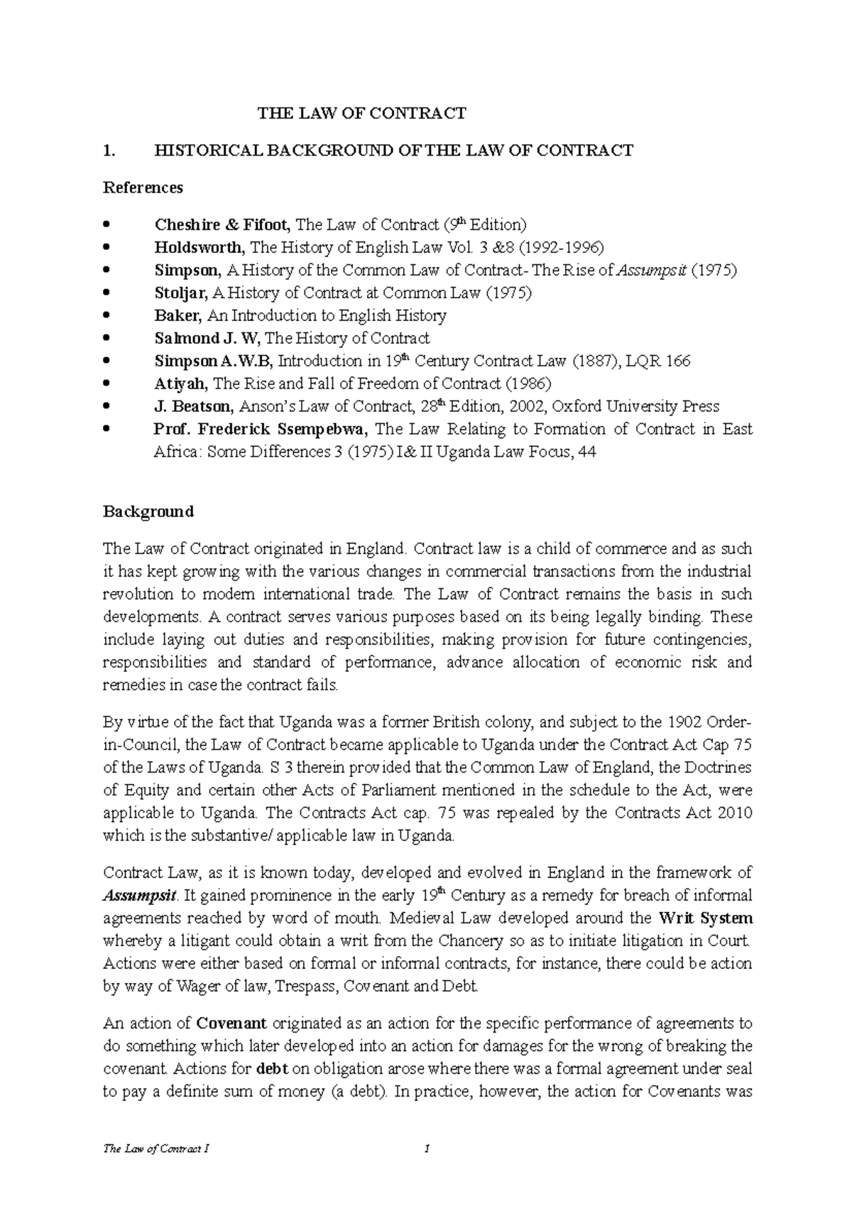 1 Background to the Law of Contract - THE LAW OF CONTRACT 1. HISTORICAL ...