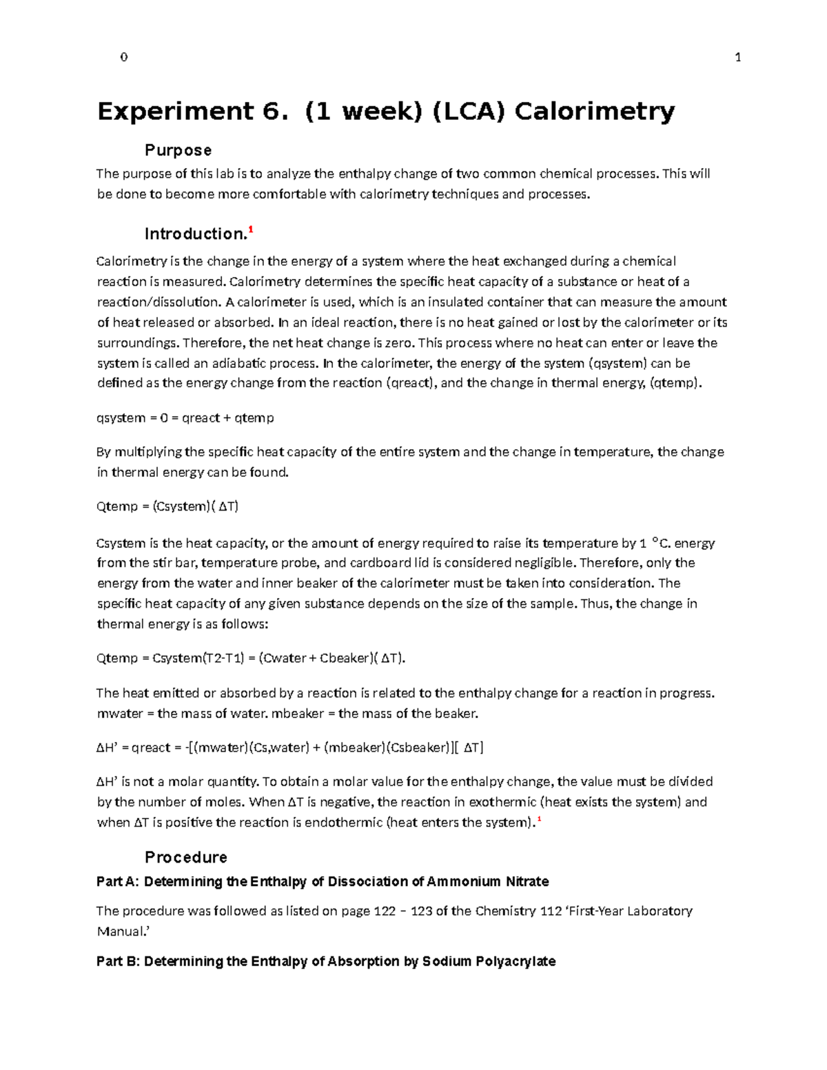 Calorimetry labratory 2023 - 0 1 Experiment 6. (1 week) (LCA ...