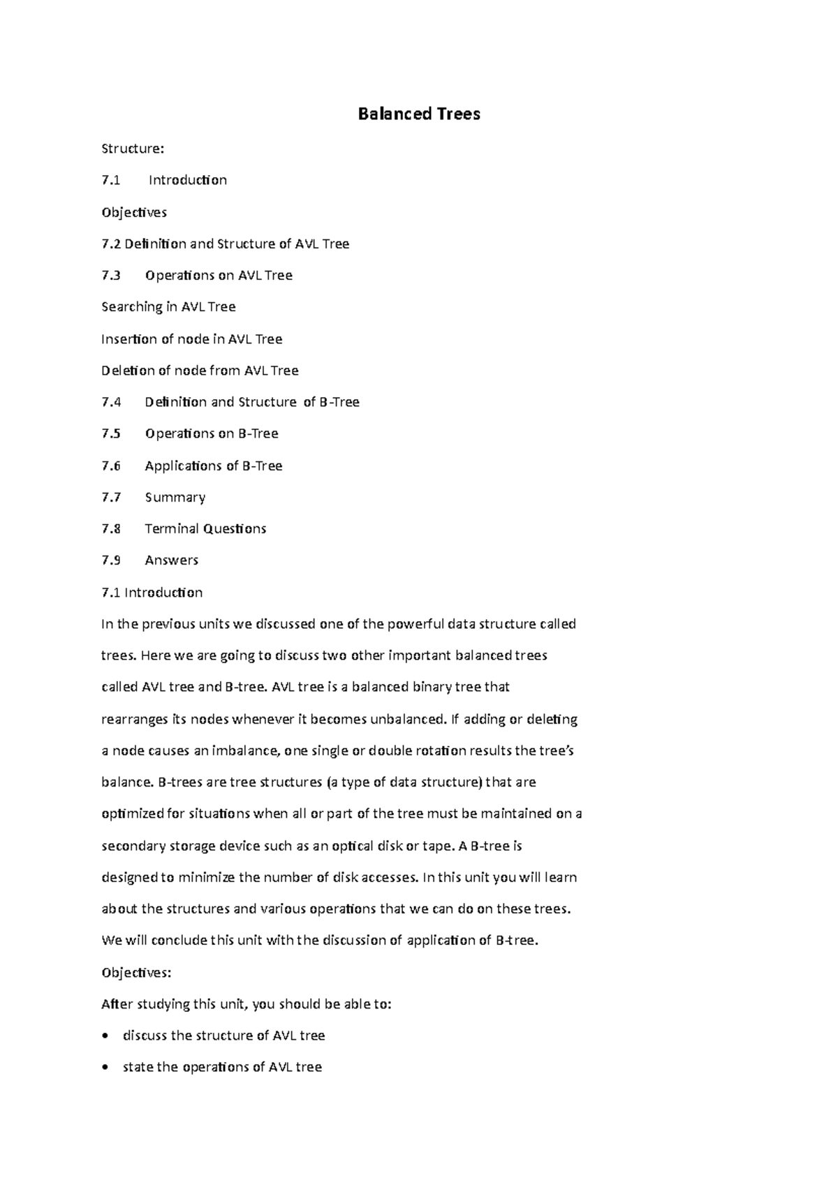Balanced Trees Balanced Trees Structure 7 Introduction Objectives 7 Definition And Structure