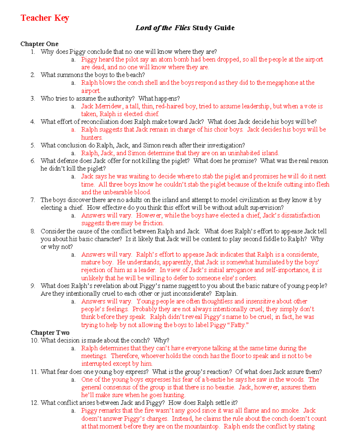 Lord of the Flies Study Guide KEY - Teacher Key Lord of the Flies Study ...