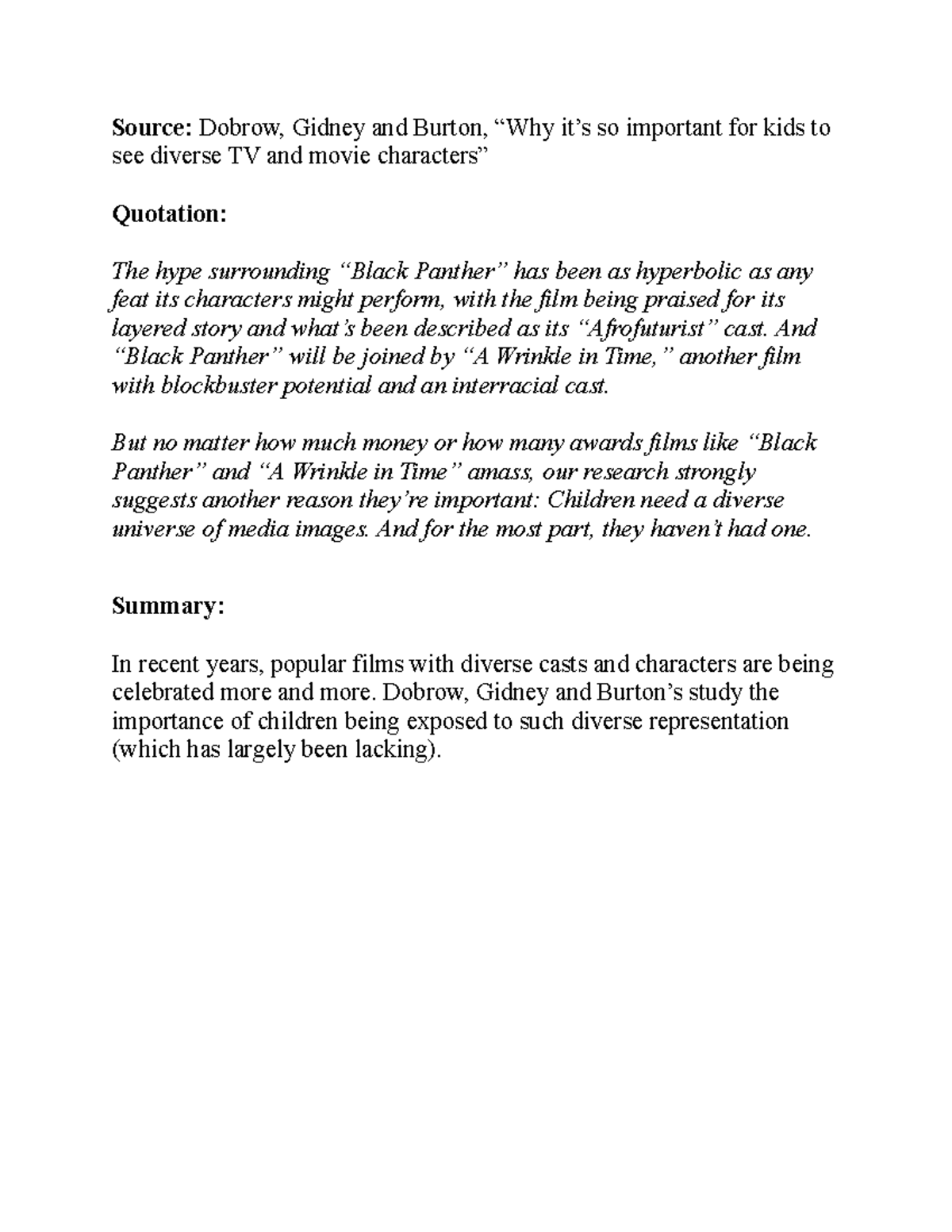 Quotation and Summary Examples - Jan 24 Lecture - Source: Dobrow ...