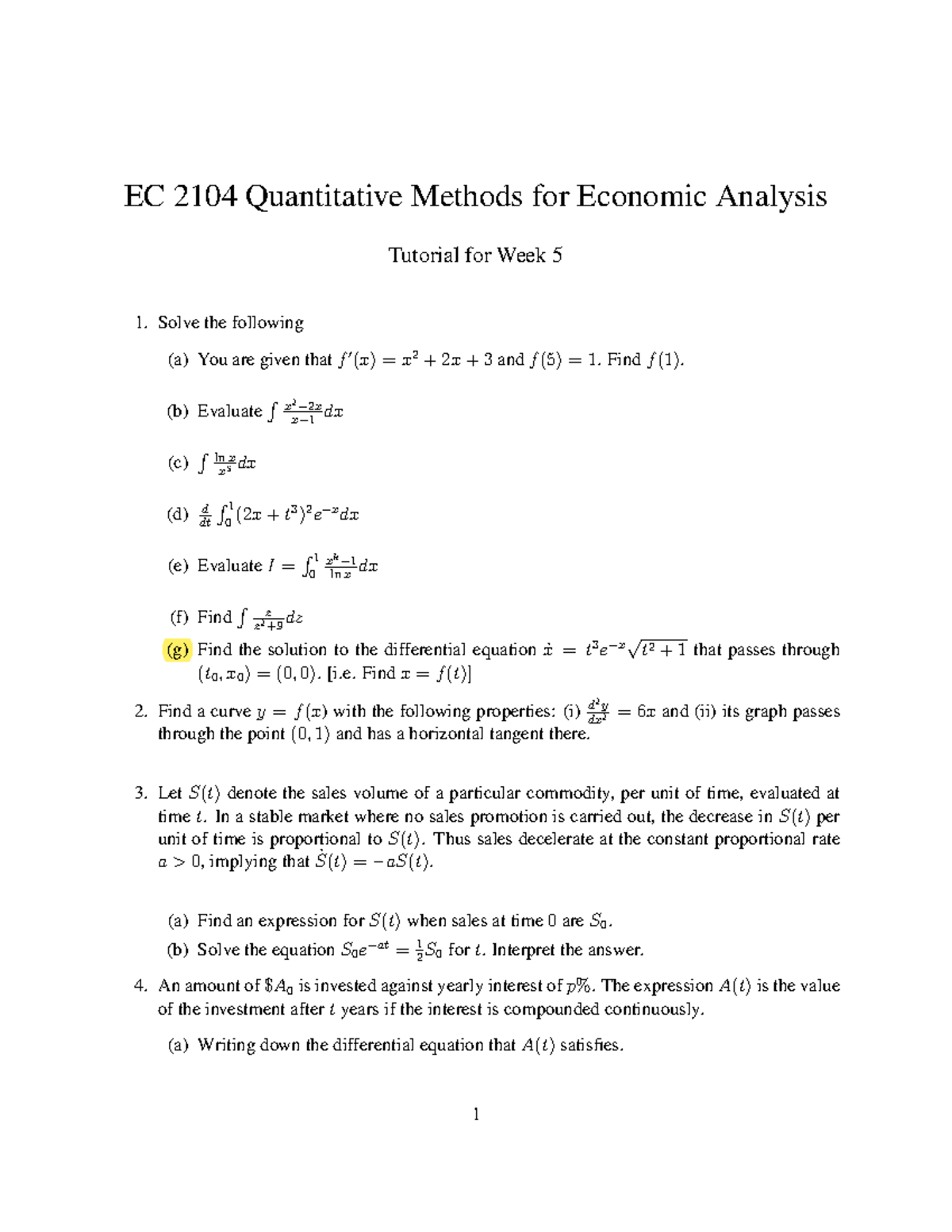Week 5 - Tutorial - EC 2104 Quantitative Methods for Economic Analysis Tutorial for Week 5 Solve ...