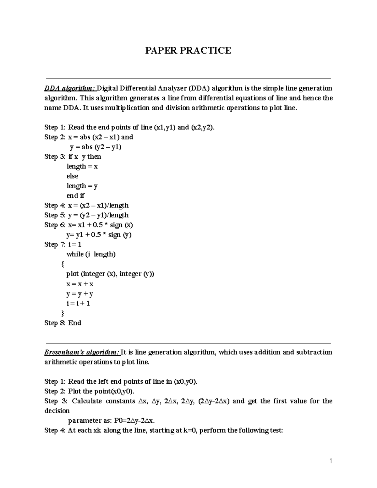 Practice paper - Very helpful - PAPER PRACTICE DDA algorithm: Digital ...
