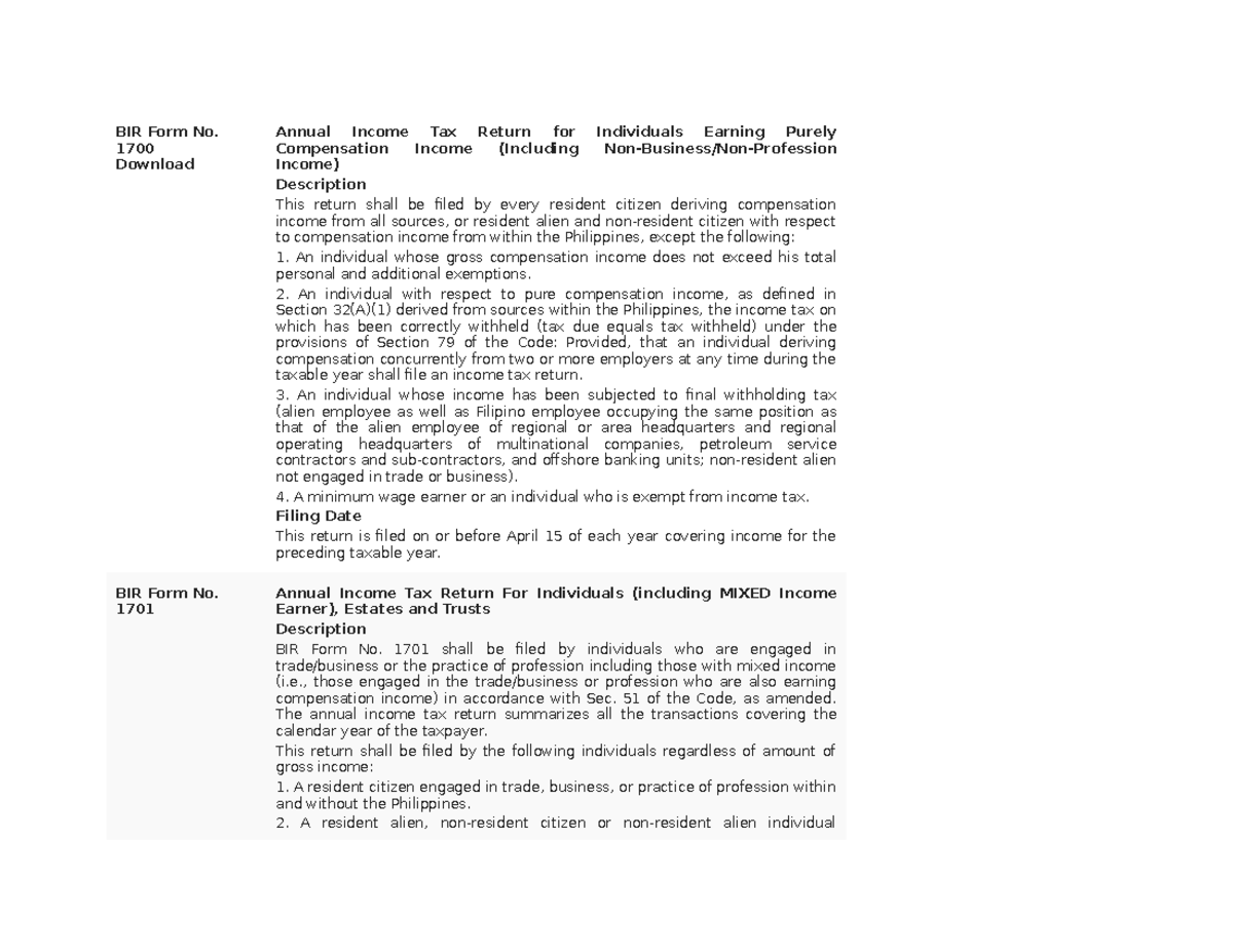 BIR Forms Description (Final Req - BIR Form No. 1700 Download Annual ...