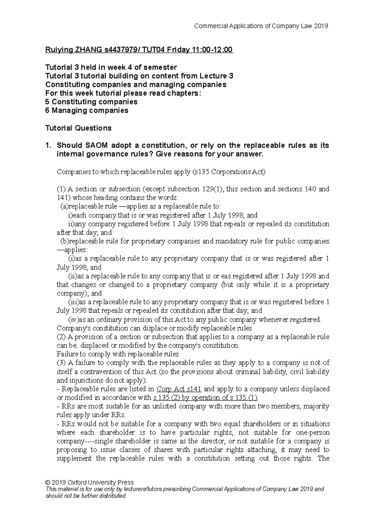2020 Tutorial Answers 3 Commercial Applications Of Company Law 2019 Ruiying Zhang S4437979