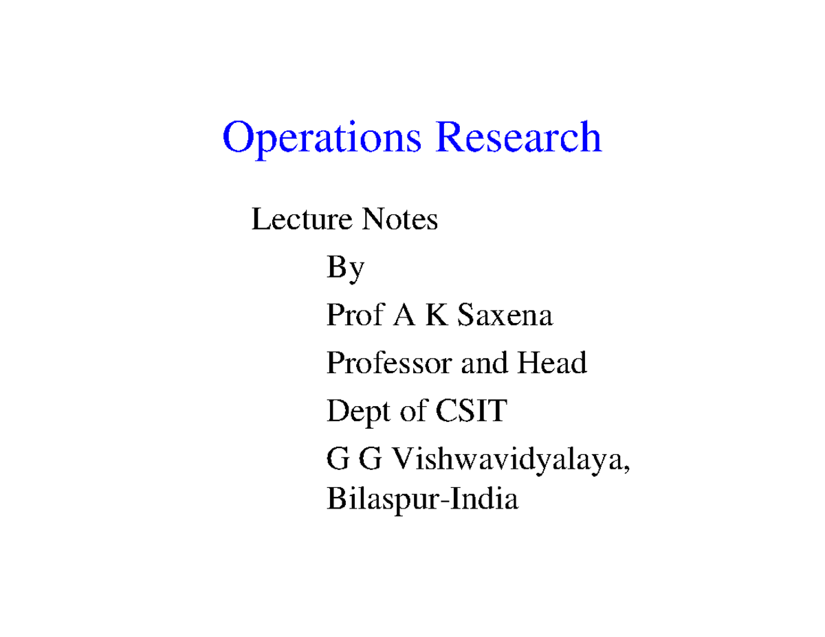 Operation research - Lecture notes 1 - Operations Research Lecture ...
