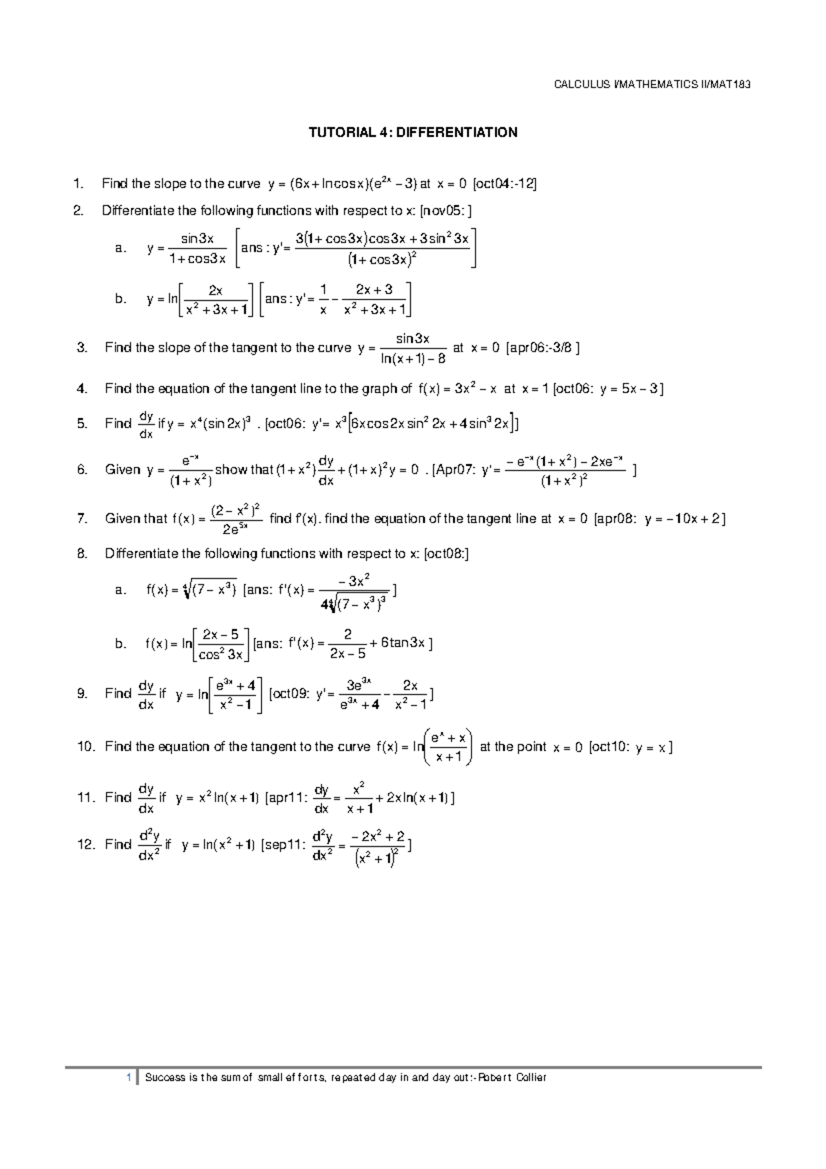 TUTORIAL 4 MAT183 PAST YEAR COMPILATION - CALCULUS I/MATHEMATICS II/MAT ...