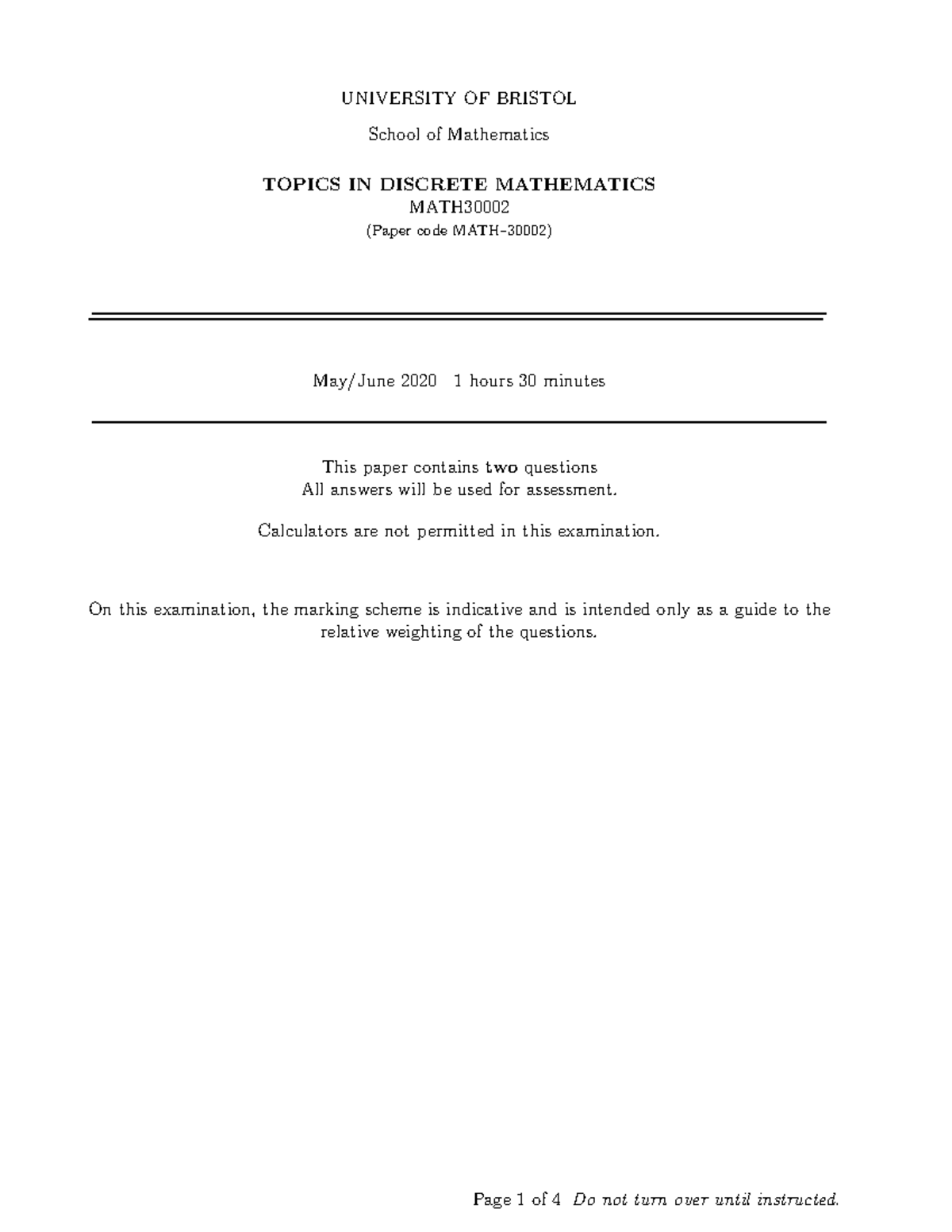 Topics in Discrete Mathematics Exam 2020 - UNIVERSITY OF BRISTOL School ...