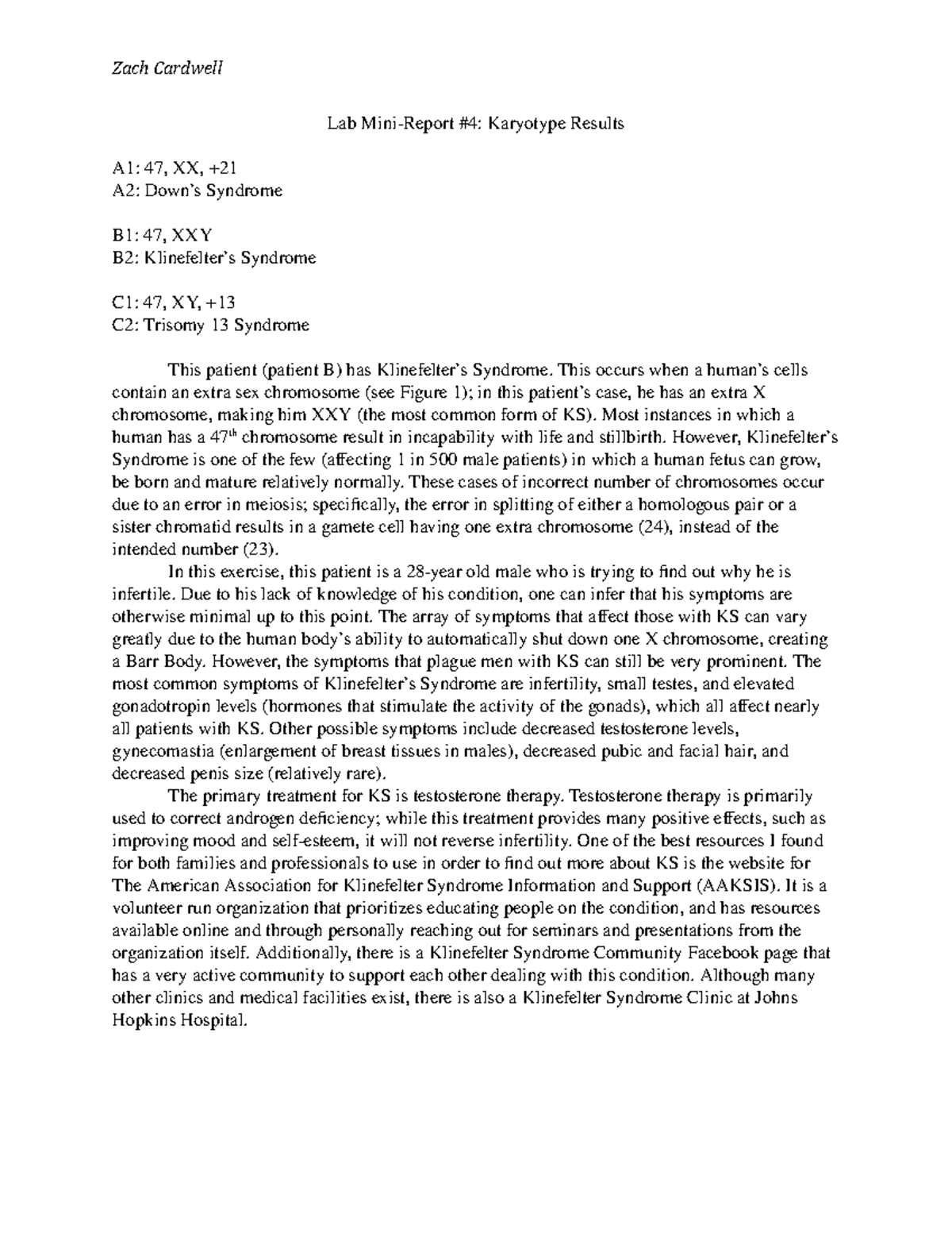 Lab Mini-Report 4, Karyotypes - Zach Cardwell Lab Mini-Report #4 ...