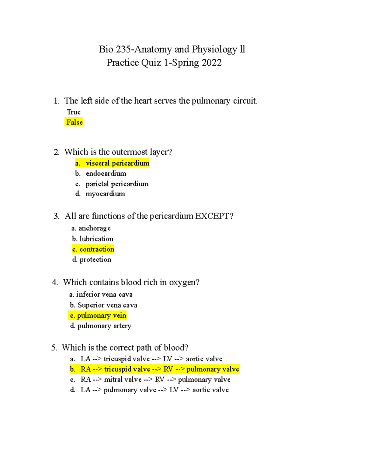 Anatomy Physiology Ll Quiz 1 Bio 235 Anatomy And Physiology Ll