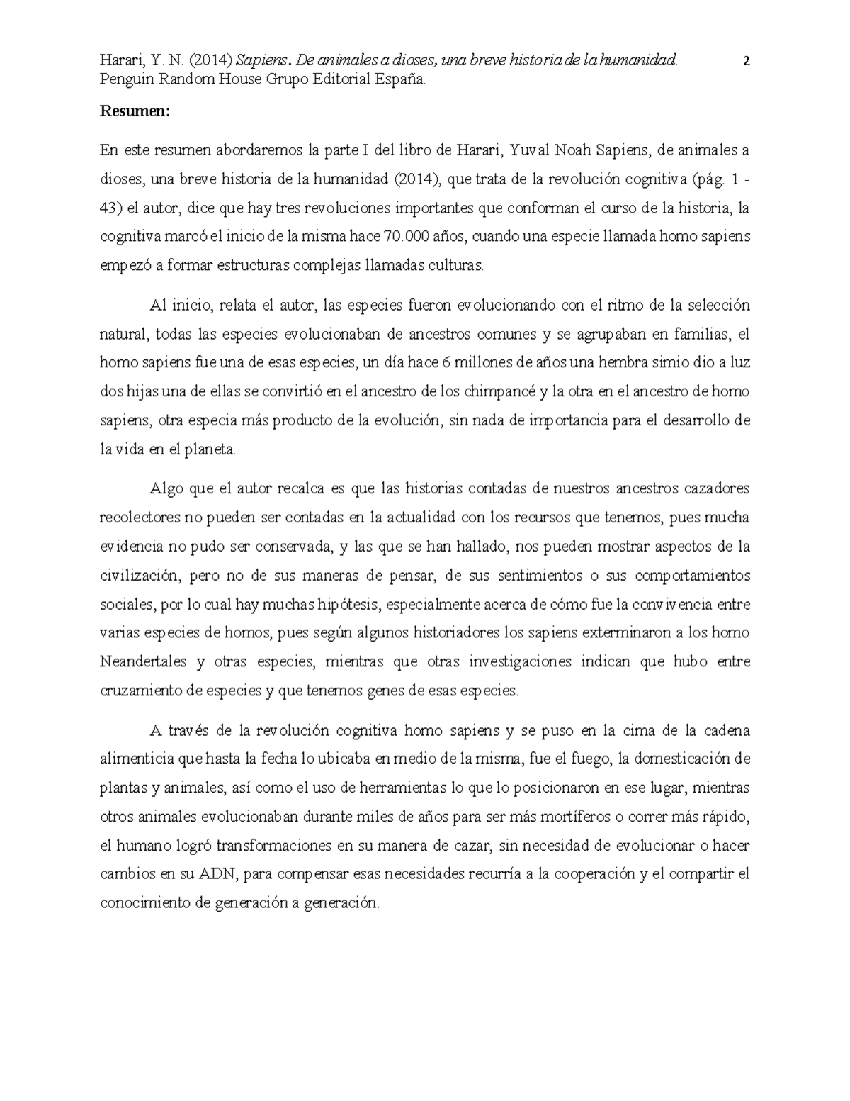 Resumen de Sapiens Libro 1 Revfolución cognitiva - Harari, Y. N. (2014 ...