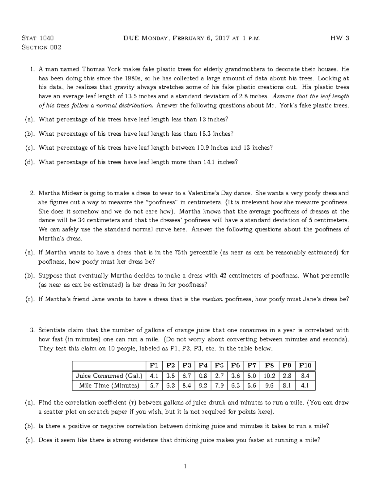 Stat 1040 HW 3 - Homework Assignment 3 - Stat 1040 Section 002 DUE ...