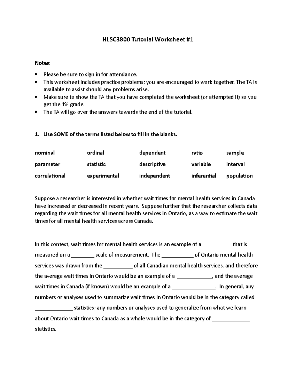 Tutorial 1-1 - worksheet - HLSC3800 Tutorial Worksheet Notes: Please be ...