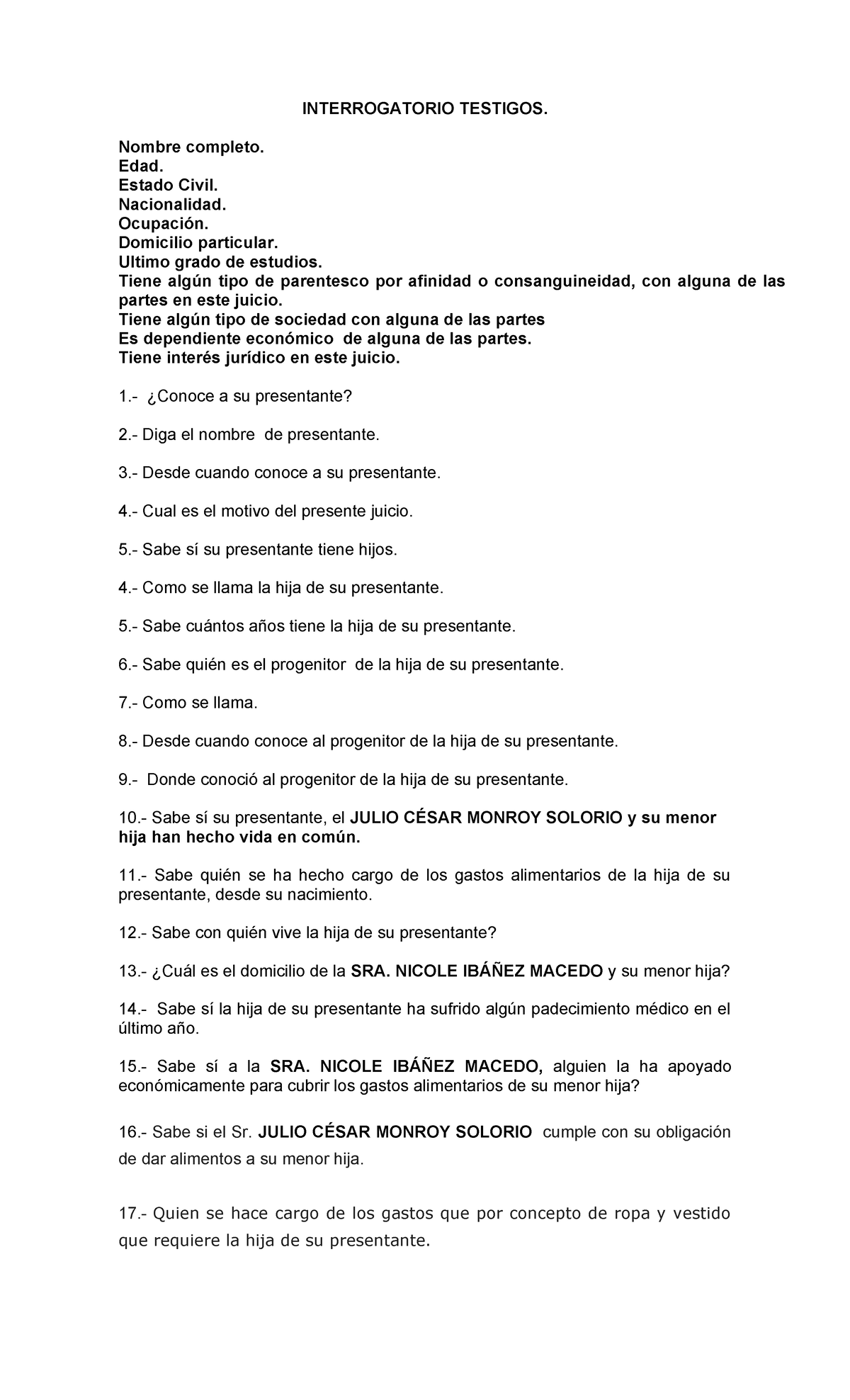 Interrogatorio Testigos Interrogatorio Testigos Nombre Completo