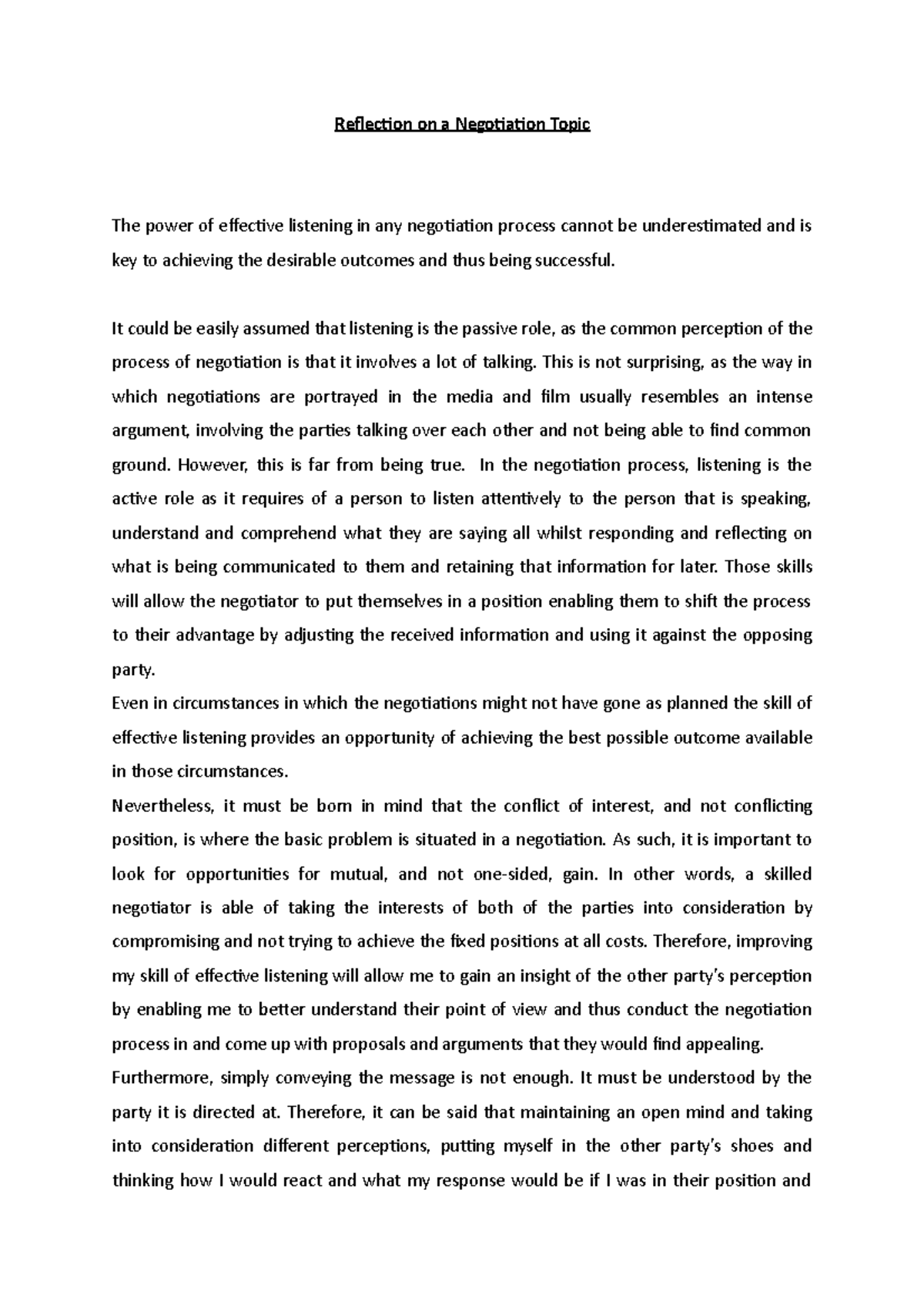 Reflection on a Negotiation Topic - It could be easily assumed that ...