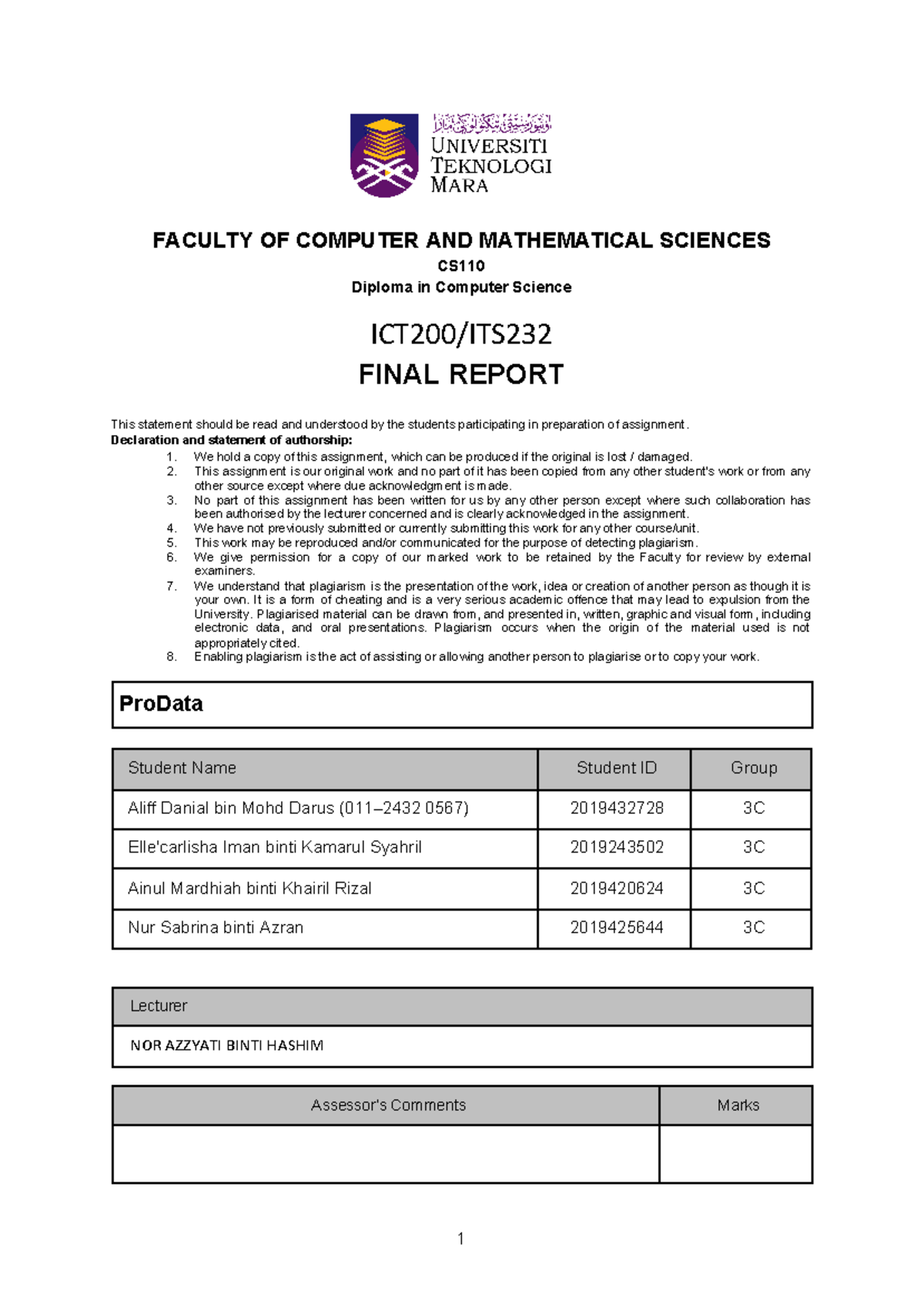 ICT200 Final Report - This statement should be read and understood by the students participating ...