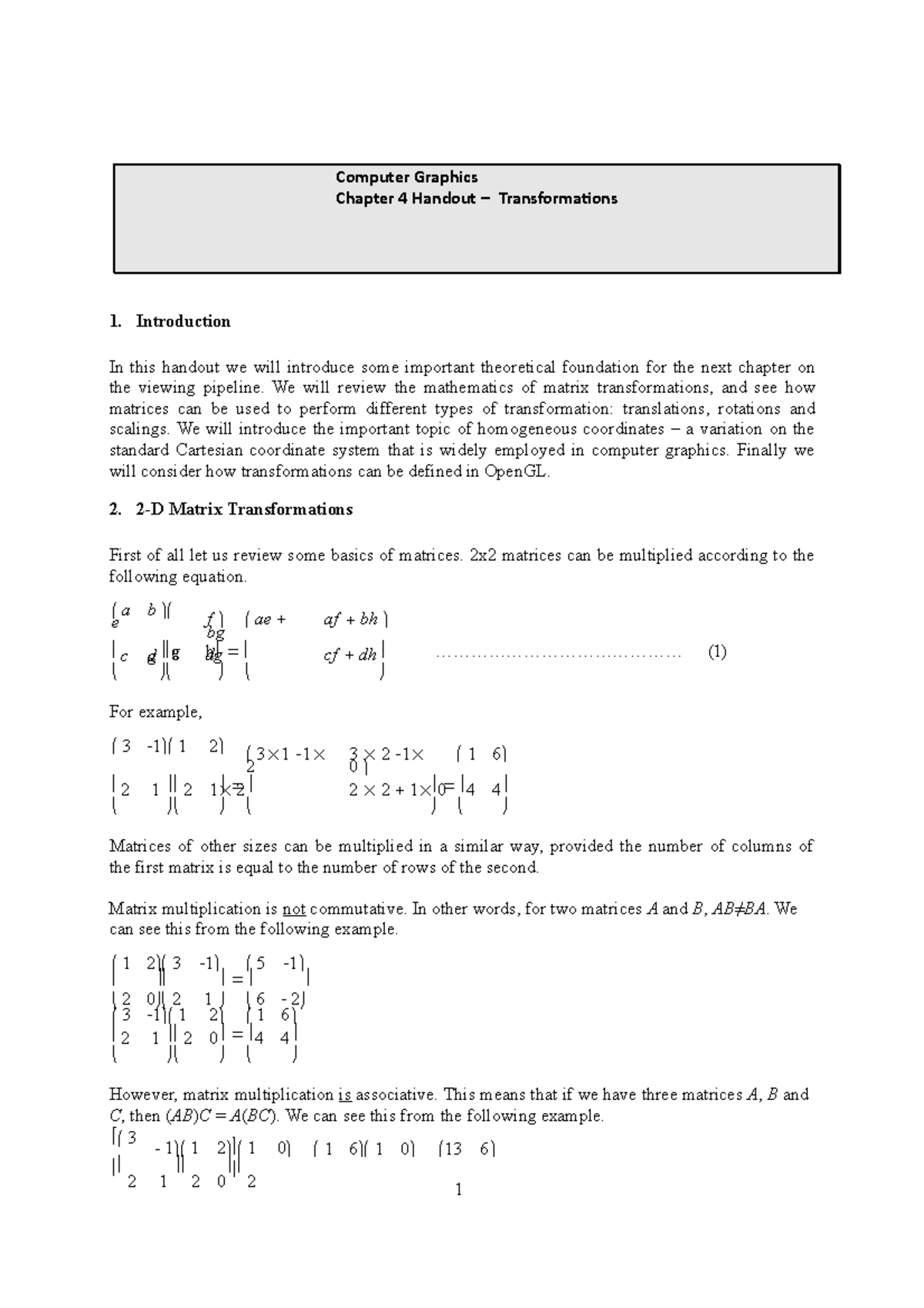 Chapter 4 - Transformations - 1 Computer Graphics Chapter 4 Handout – Transformations ...