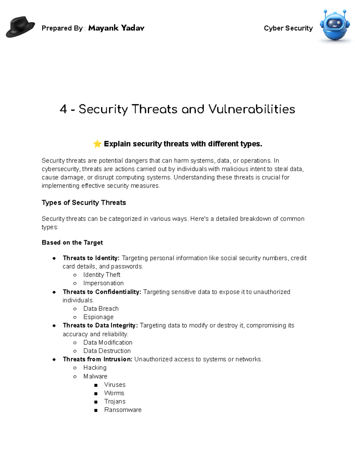 CS -4 - sdfsgasdfasd sdafsdfasd sdfsd - 4 - Security Threats and Vulnerabilities ⭐ Explain - Studocu