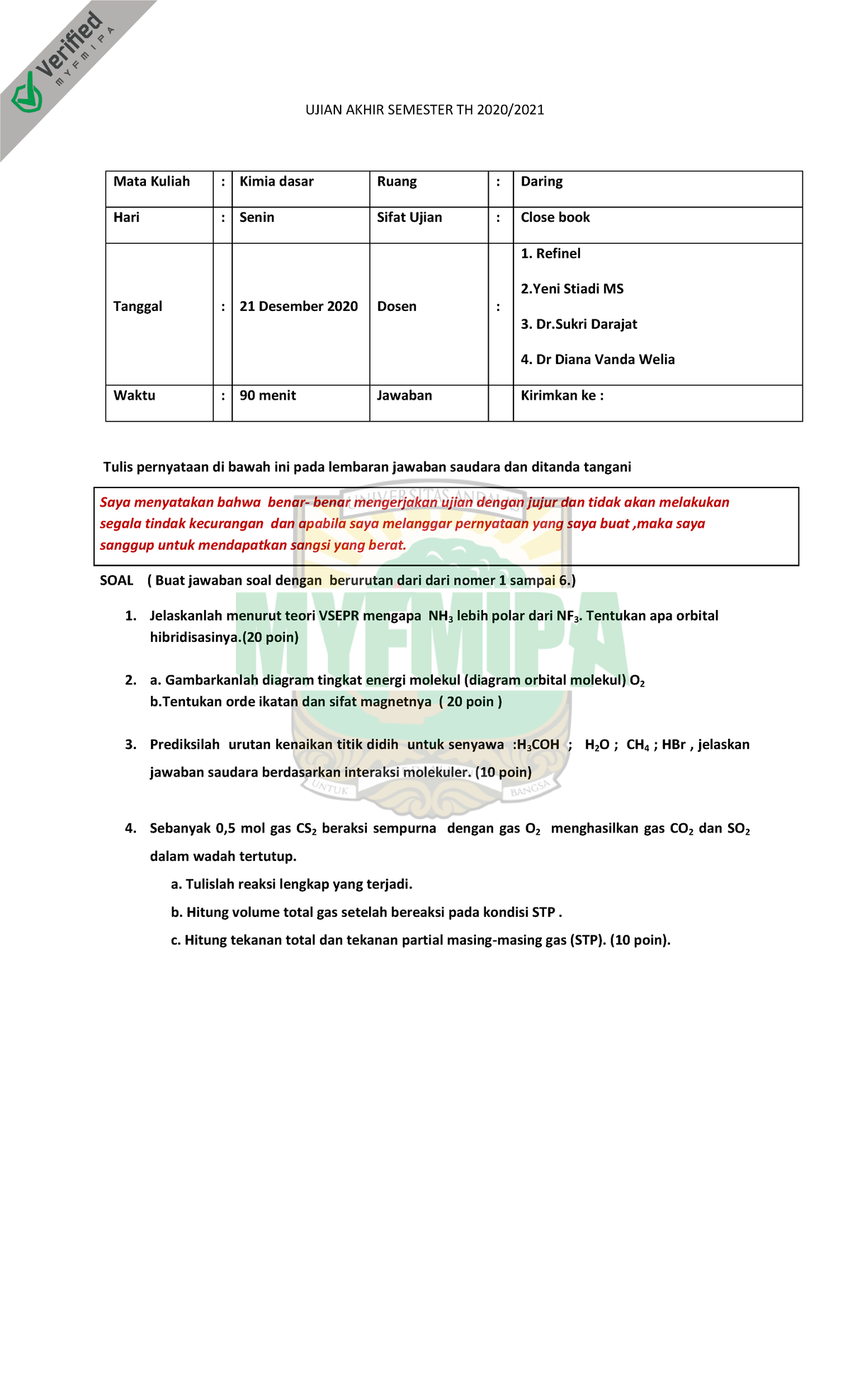 Doc - Contoh soal - UJIAN AKHIR SEMESTER TH 2020/ Tulis pernyataan di ...